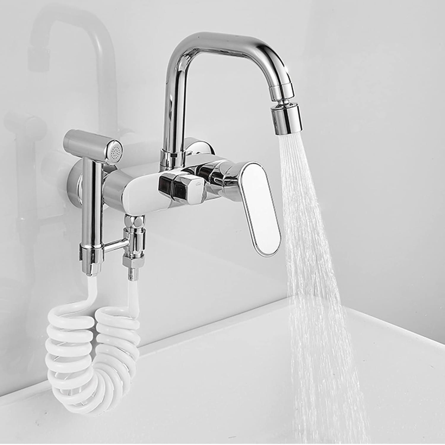 Wall Mounted Kitchen Faucet Brass with Gun Hot and Cold Water Swivel ...