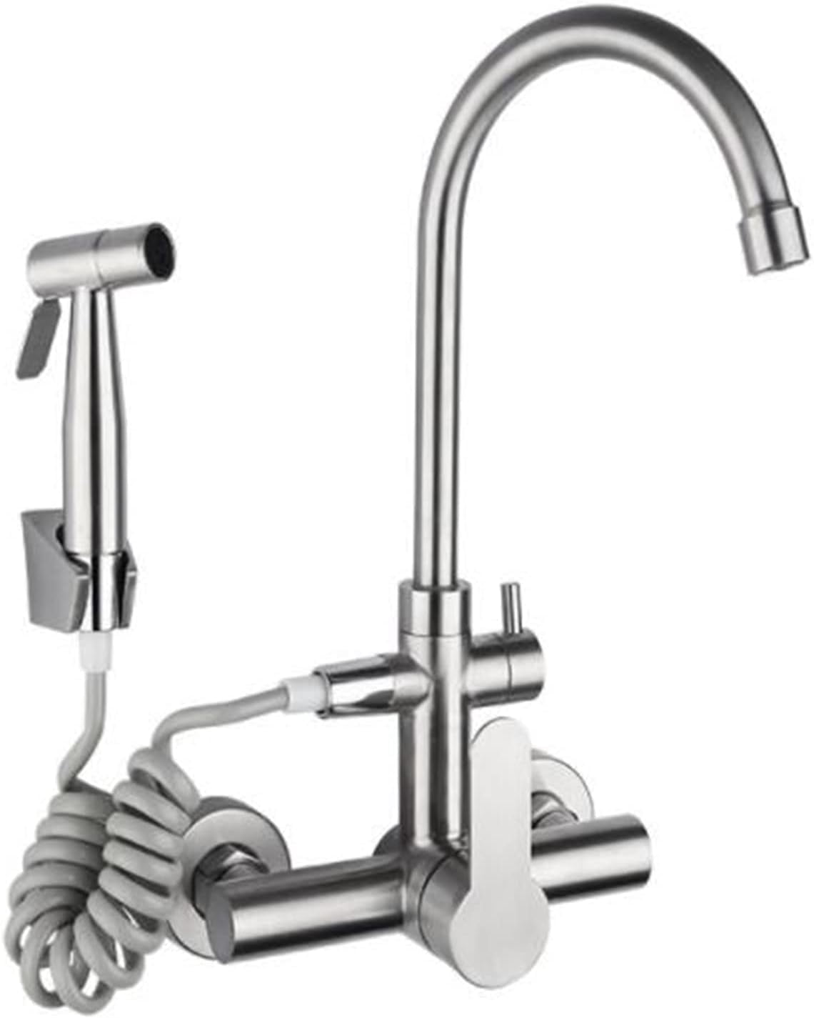 Wall Mounted Kitchen Faucet Swivel Double Hole Stainless Steel Spray ...