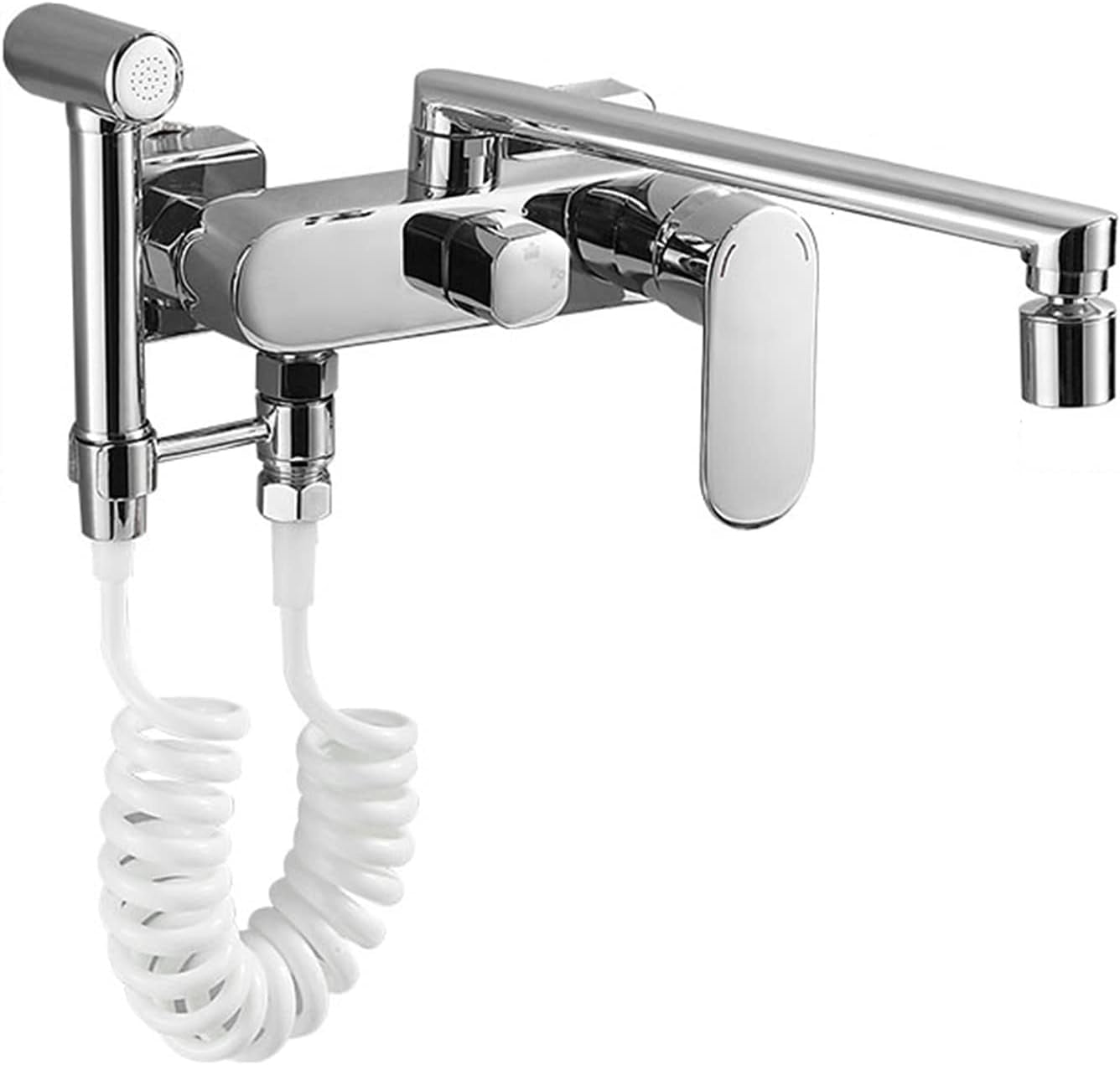 Wall Mounted Kitchen Faucet with Spray Gun Swivel Brass Hot and Cold ...