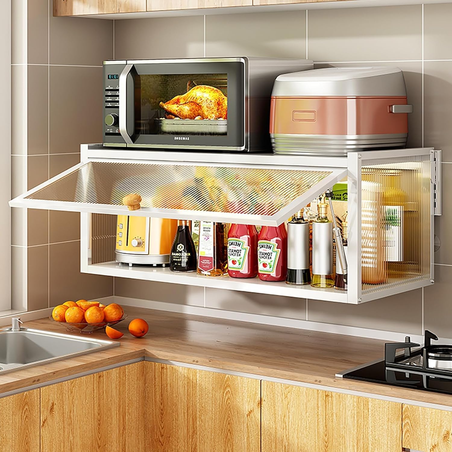 Wall-Mounted Kitchen Pantry, Cookware Storage Cabinet with Flip-up Door ...