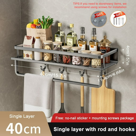 Wall-Mounted Kitchen Spice Rack Organizer Carbon Steel No Drilling 12 ...
