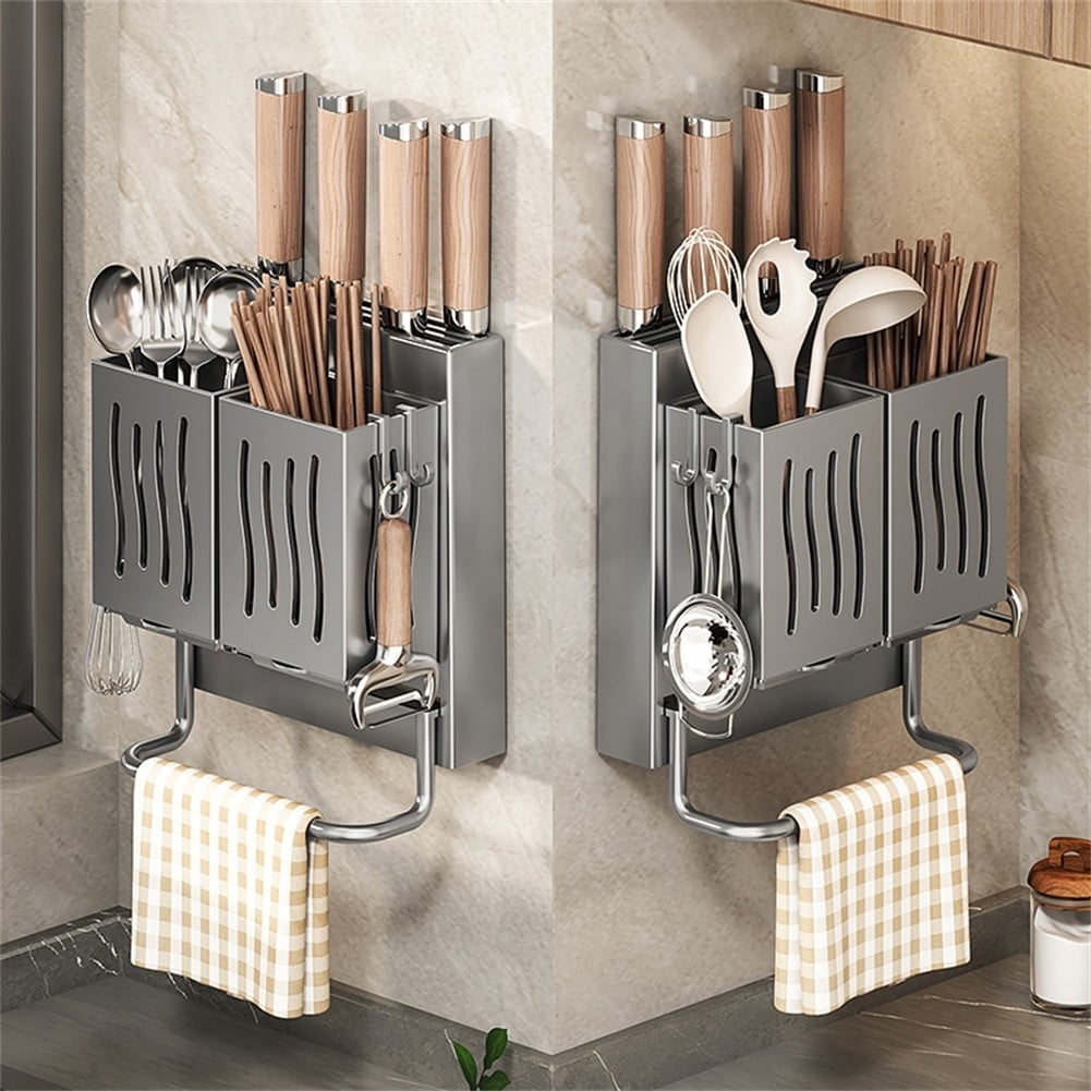 Wall-Mounted Kitchen Utensil Holder Cutlery Rack Draining Storage Box ...