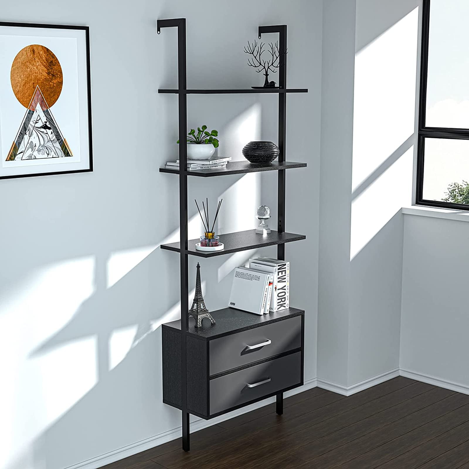 Wall Mounted Ladder Shelf with Drawers, 4 Tier Ladder Bookshelf with ...