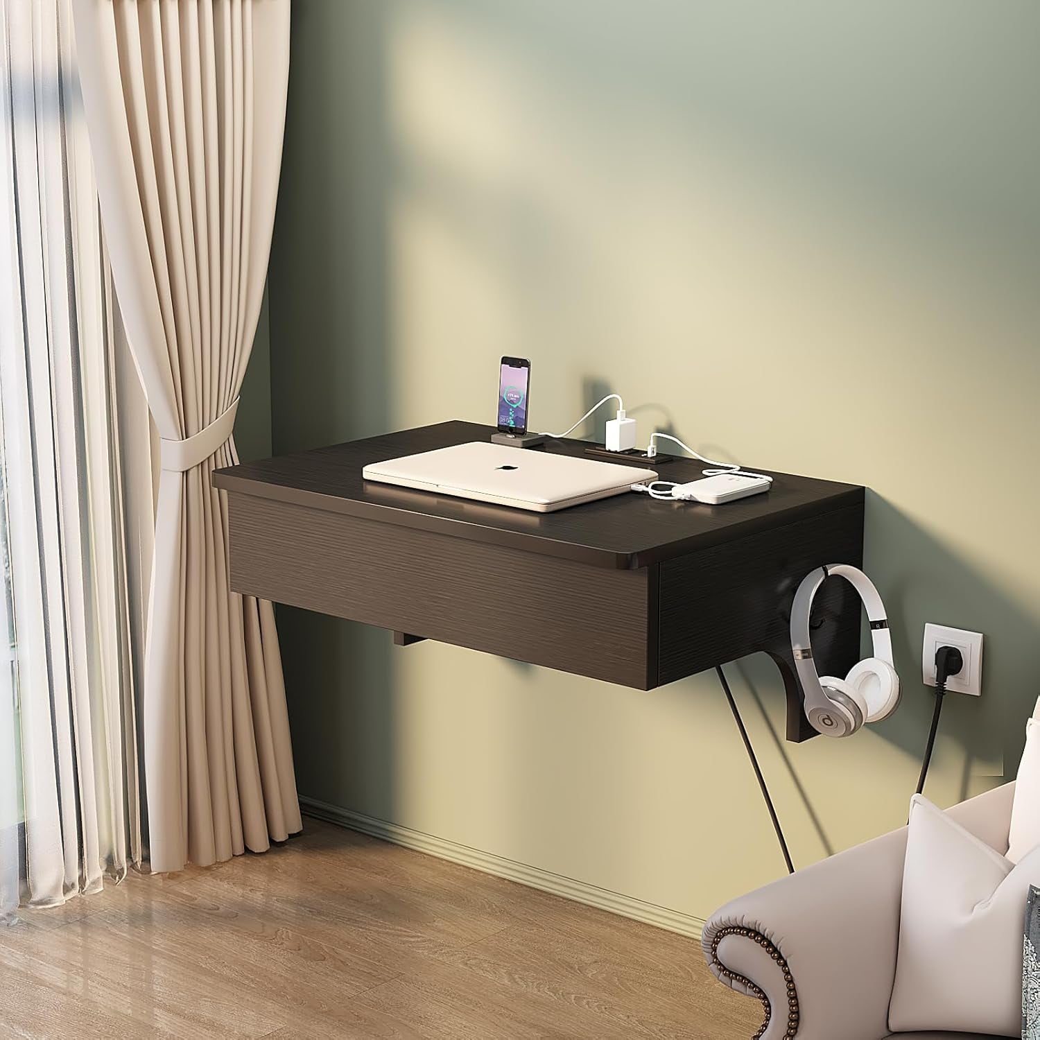 Wall Mounted Laptop Desk with Power Outlets and 2 USB Ports, Floating ...