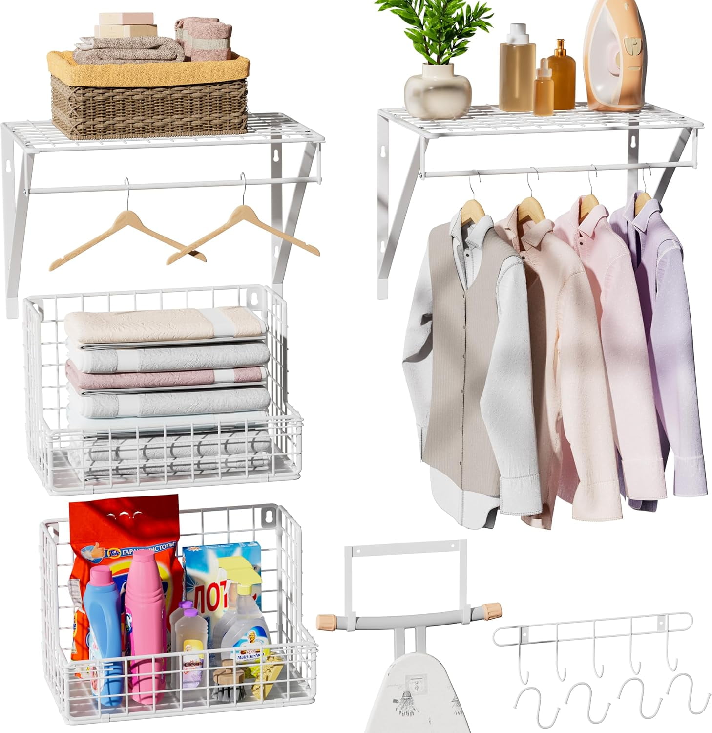 Wall-Mounted Laundry Room Organization Shelves with Drying Rack and ...