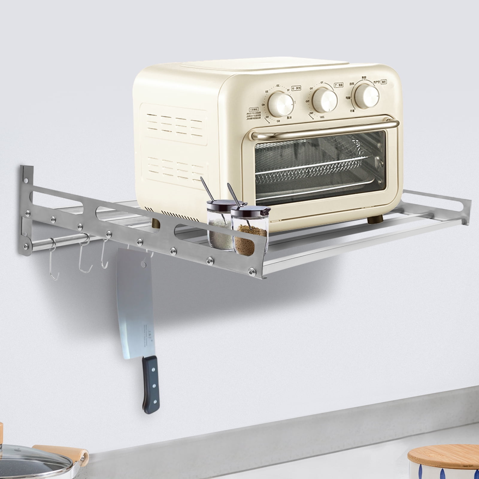 Wall Mounted Microwave Rack, Stainless Steel Storage Shelf with Hooks ...