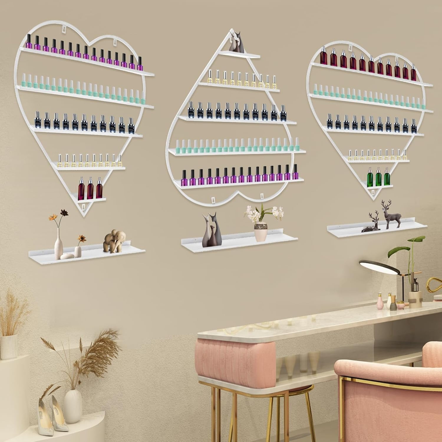 Wall-Mounted Nail Polish Rack, Set of 6 Heart-Shaped White Nail Polish ...