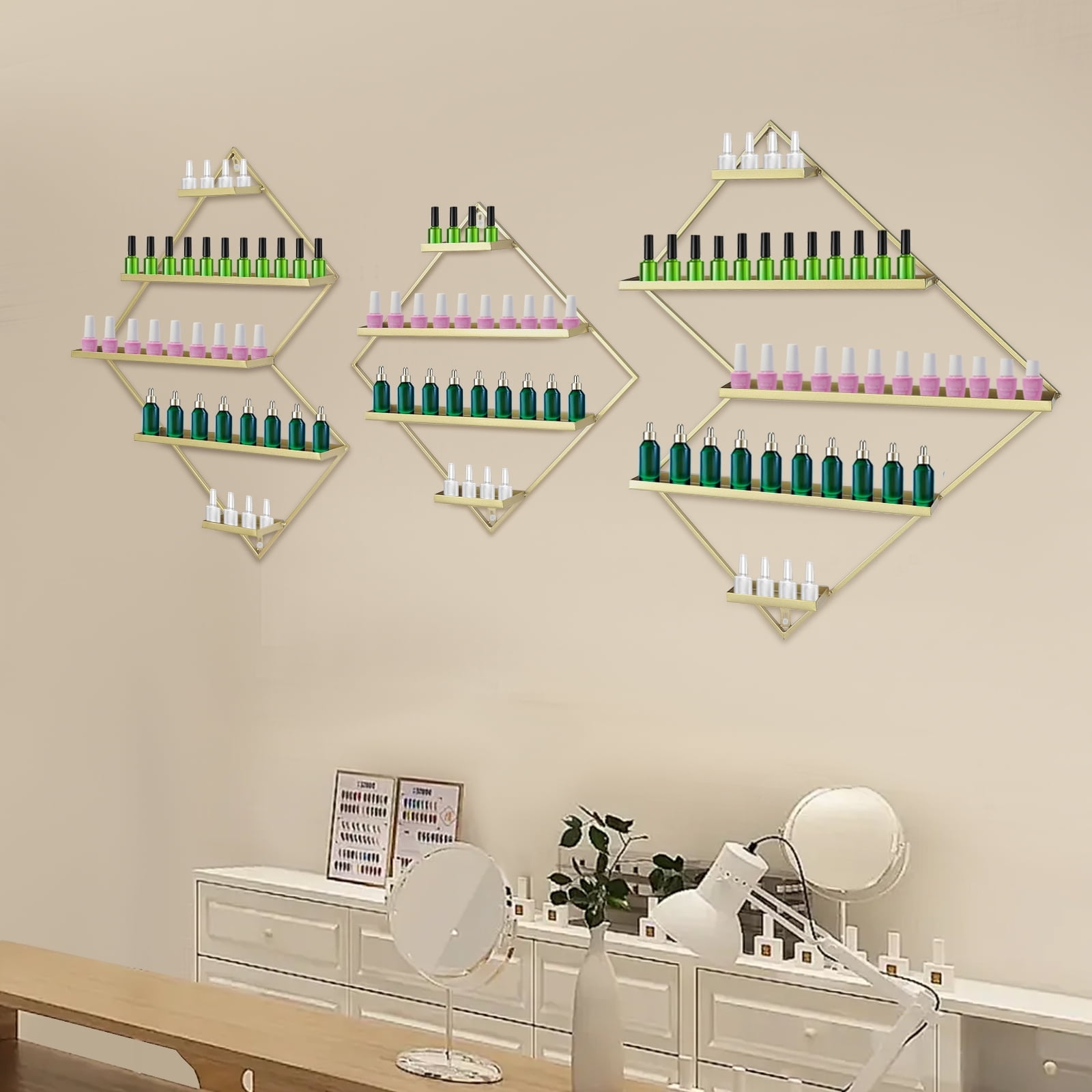 Wall Mounted Nail Polish Storage Rack, Gold 3 Pcs in One Diamond Nail ...