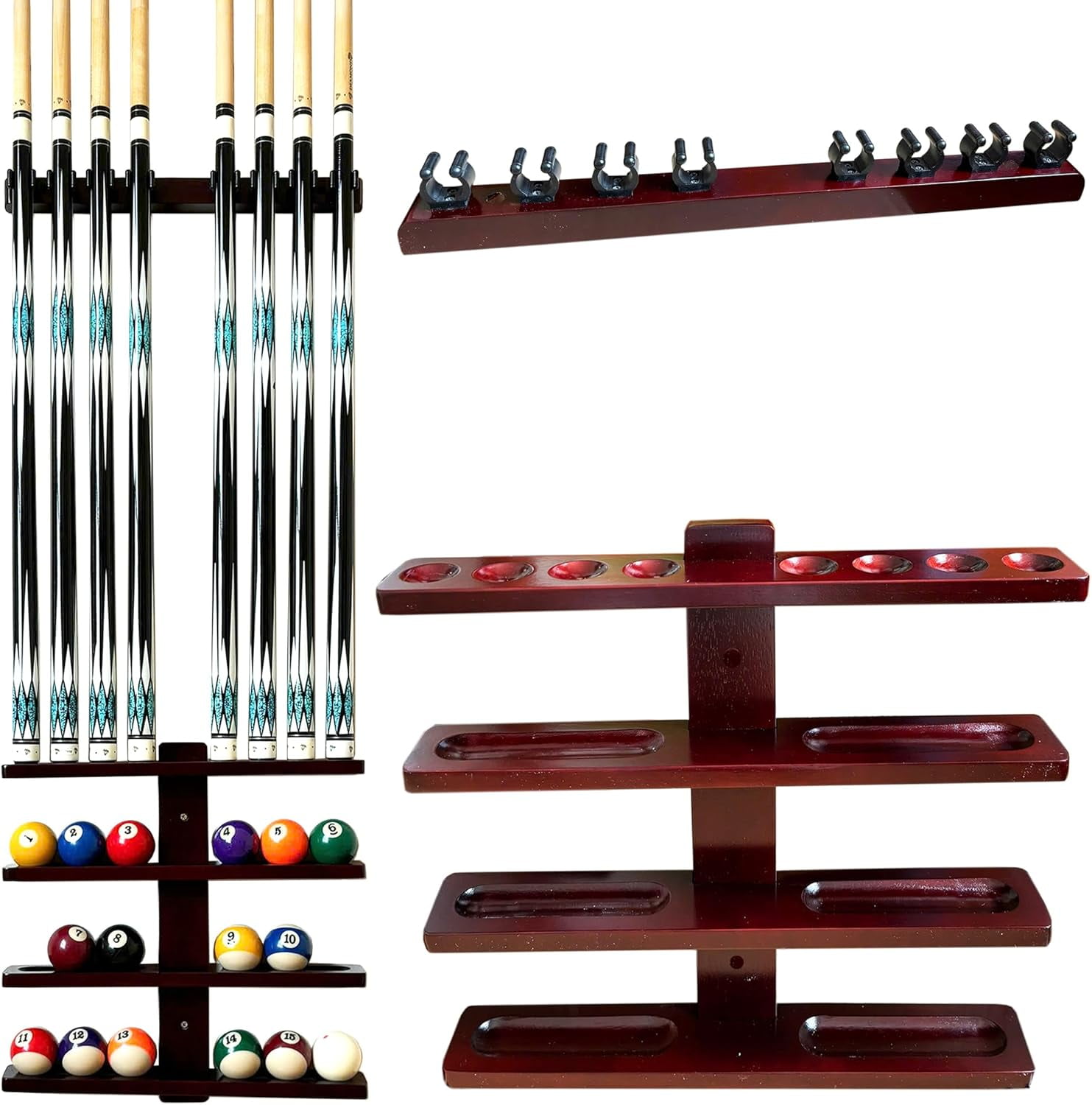 Wall-Mounted Pool Stick Holder, Hardwood Cue Rack for 8 Cues, Billiards ...