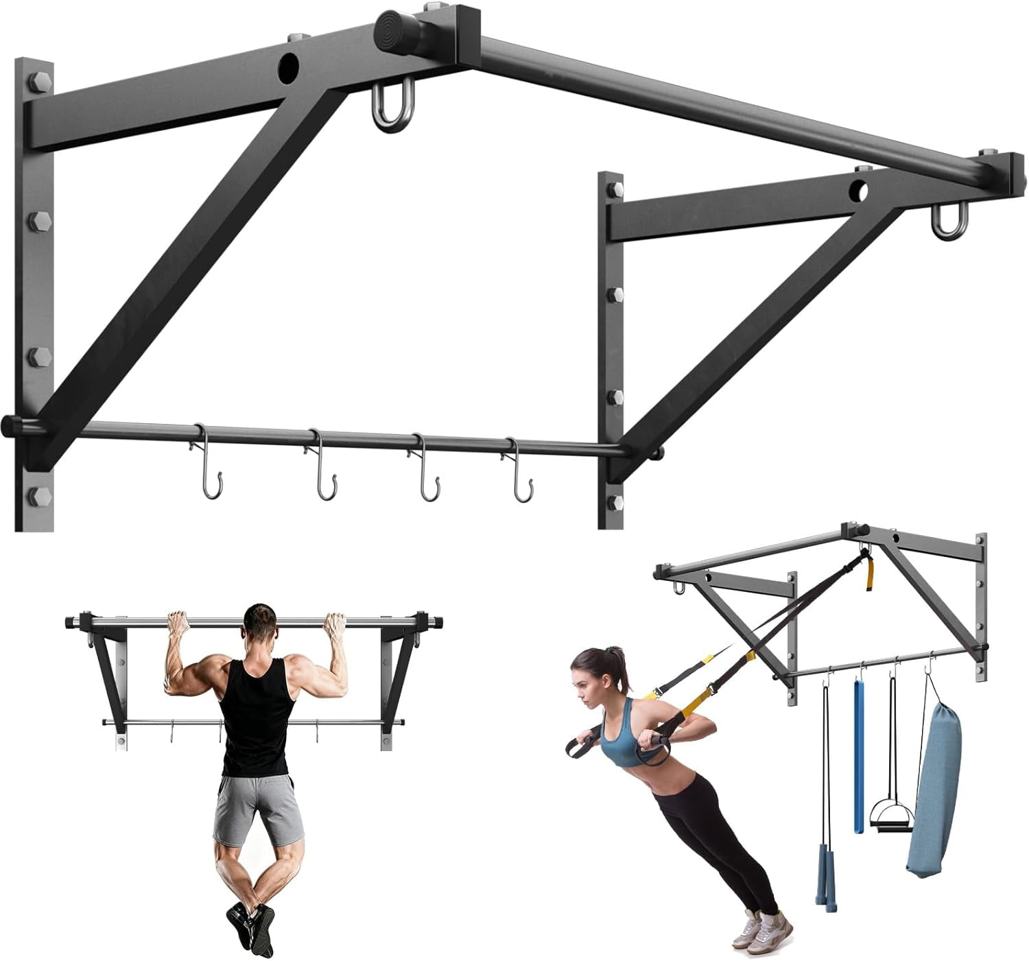 Wall Mounted Pull Up Bar, Strength Training Chin Bar with Hooks ...