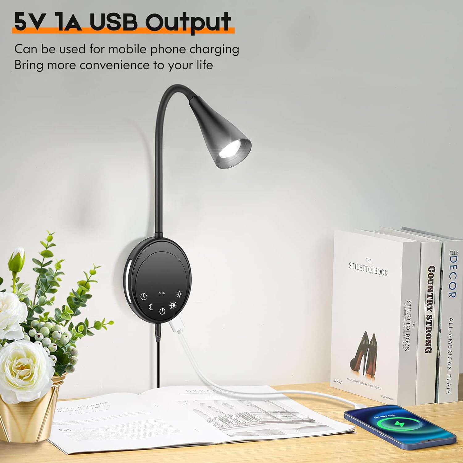Wall Mounted Reading Light, 5 Dimming & Color Temperature, USB Output ...