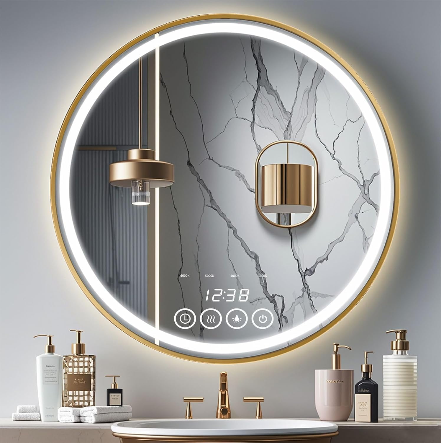Wall-Mounted Round Bathroom Mirror with LED-Lights - 24 Inch Frame ...