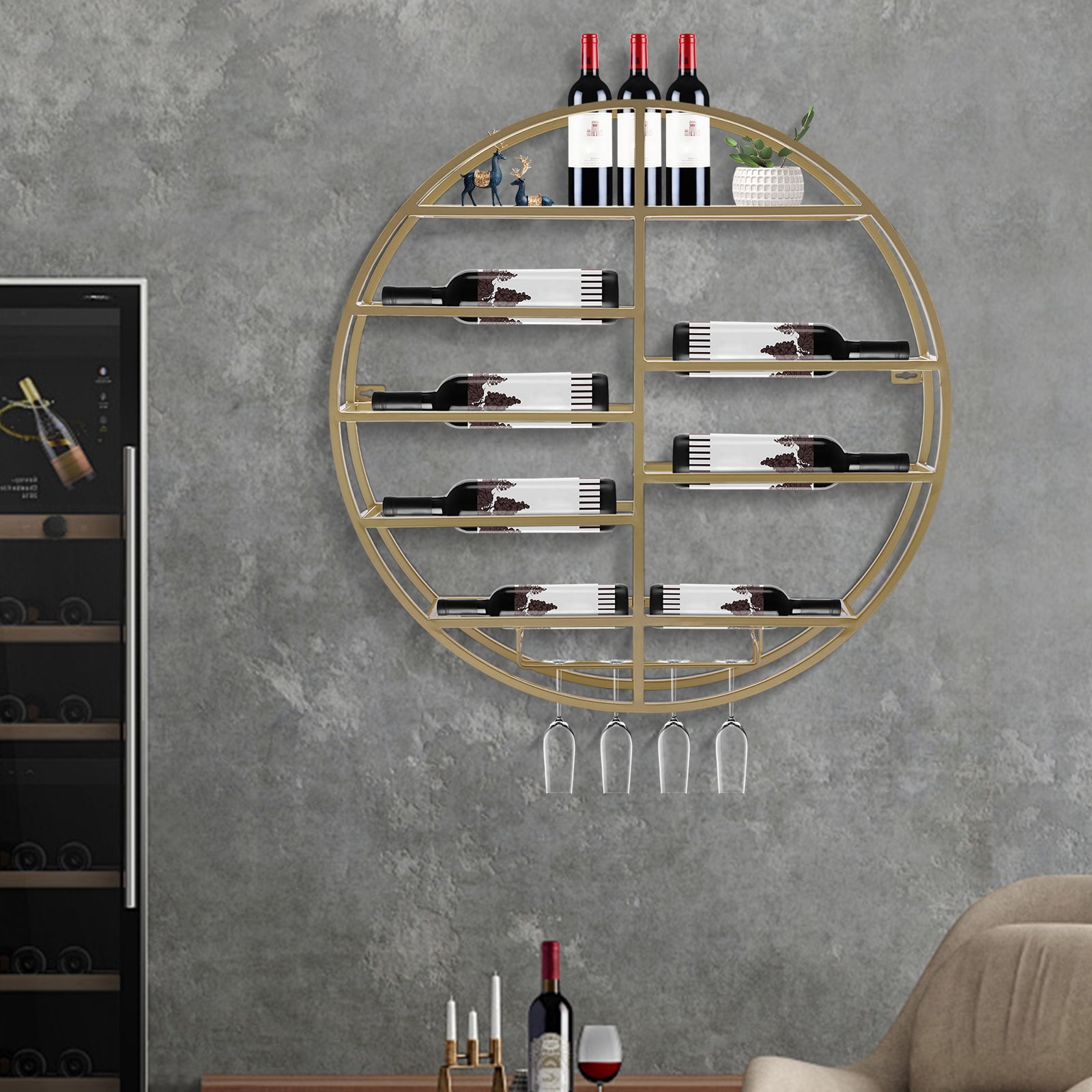 Wall Mounted Round Wine Rack, Open Design Wine Display Rack, Gold Wine ...