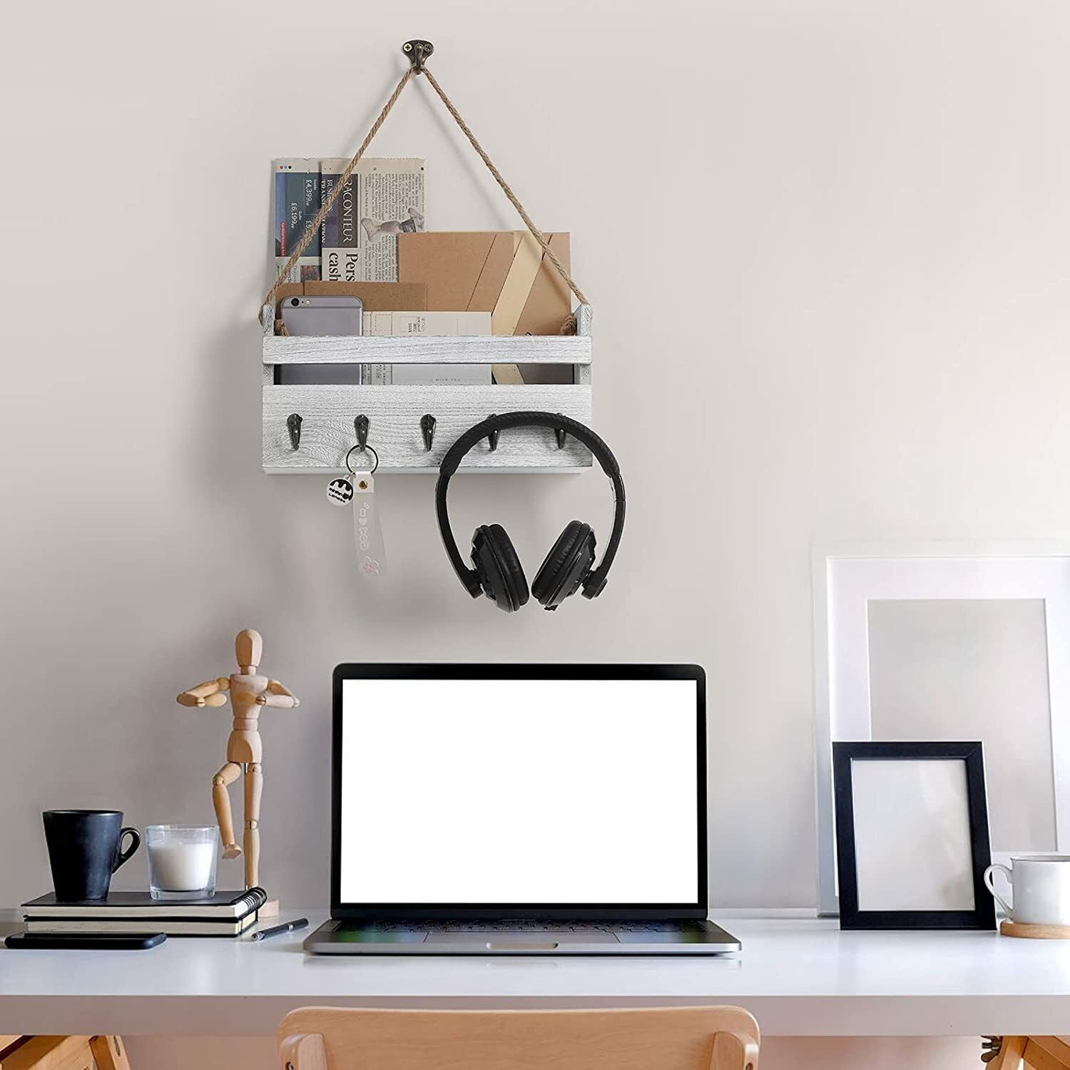 Wall Mounted Rustic Wood Key Rack Rope Hanger Mail Organizer with 5 ...