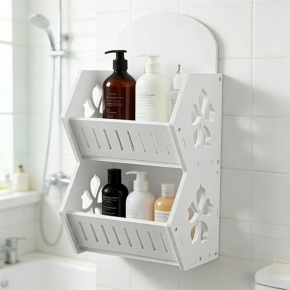 Wall Mounted Shelf No Drill Wooden Bathroom Shelf with Openwork Pattern ...