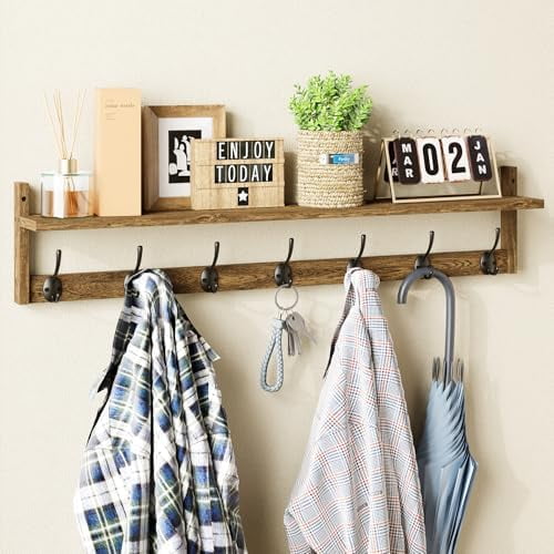 Wall-Mounted Shelf with Hooks - 28.9 Inch Entryway Hanging Shelf with 5 ...