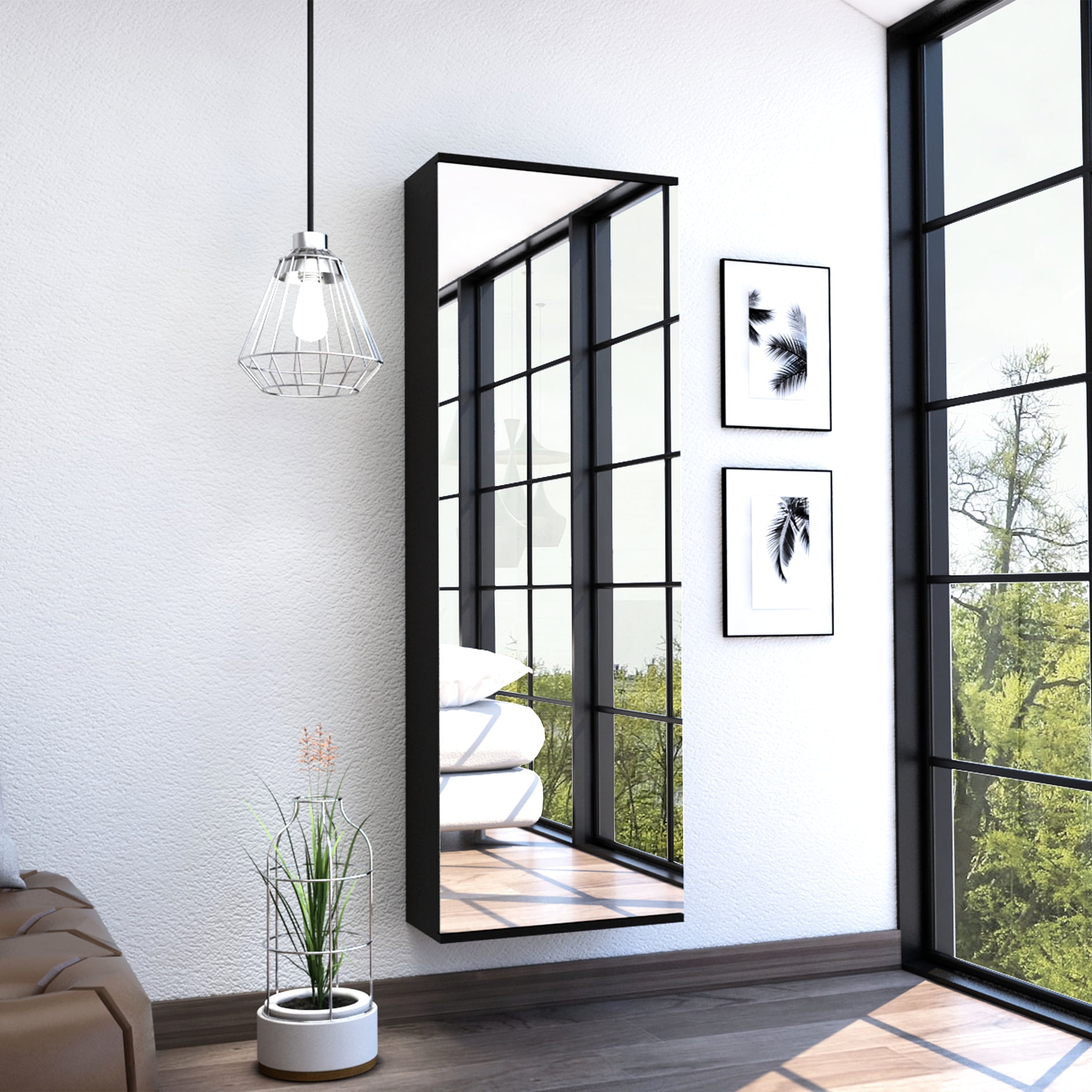 Wall Mounted Shoe Cabinet With Mirror, Single Door, 10 Capacity - Black ...