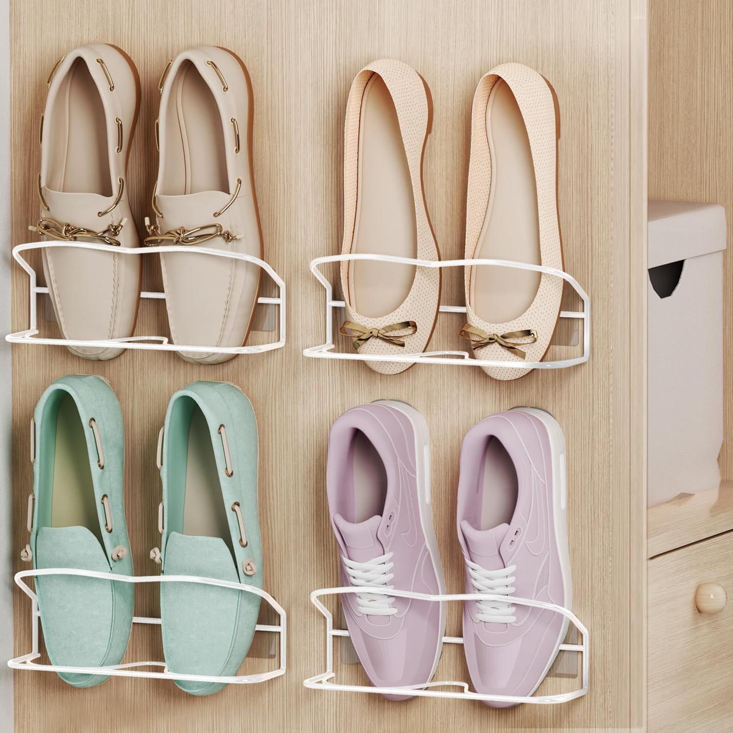 Wall Mounted Shoe Rack 4 Pack, with Sticky Hanging Strips, Metal Wall ...