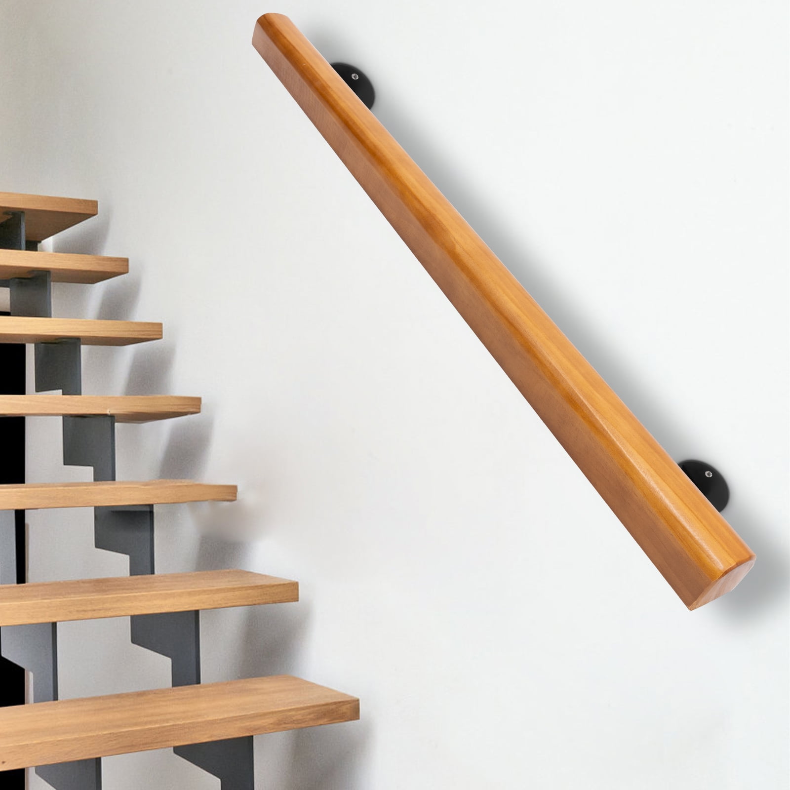 Wall Mounted Stair Handrail , Natural Wood with Metal Supports for ...