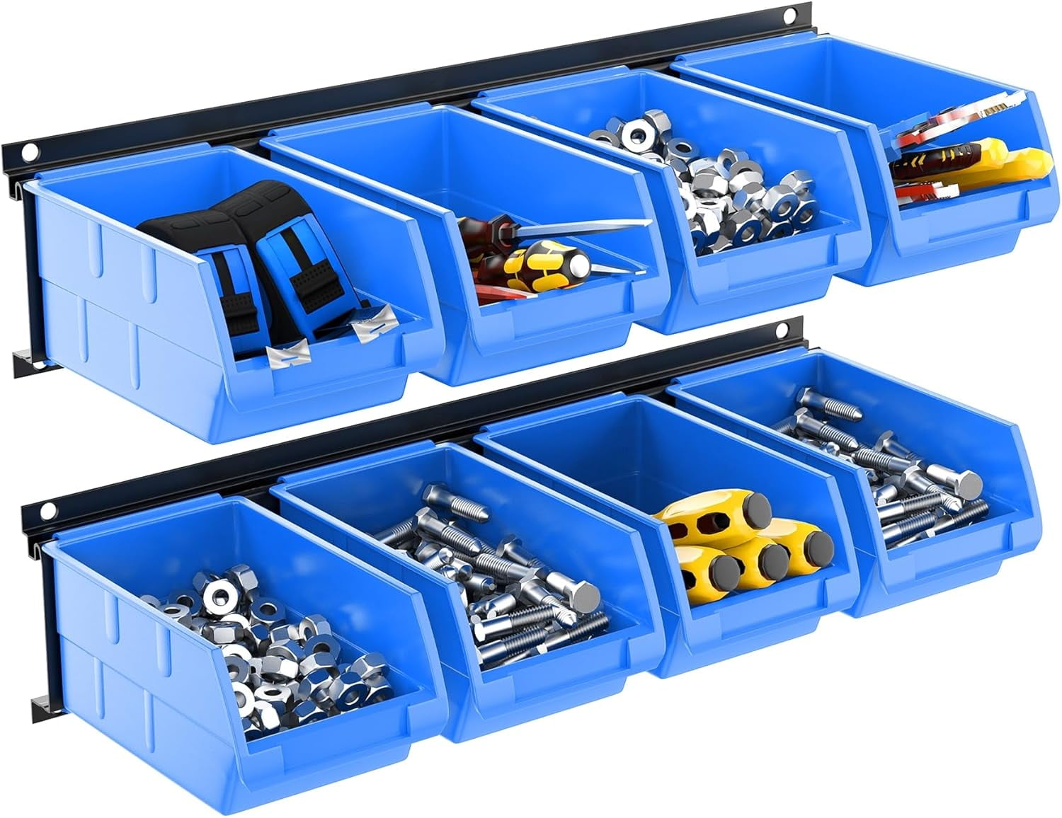 Wall-Mounted Storage Bins - 8 Plastic Bins & 2 Metal Tracks for Tools ...