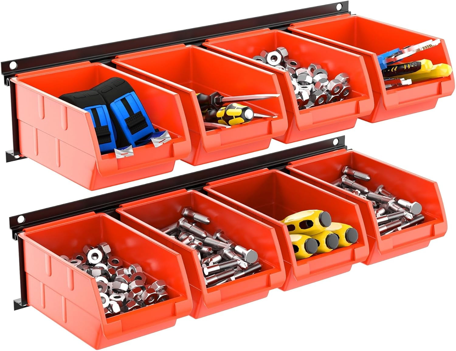 Wall-Mounted Storage Bins - 8 Plastic Bins & 2 Metal Tracks for Tools ...