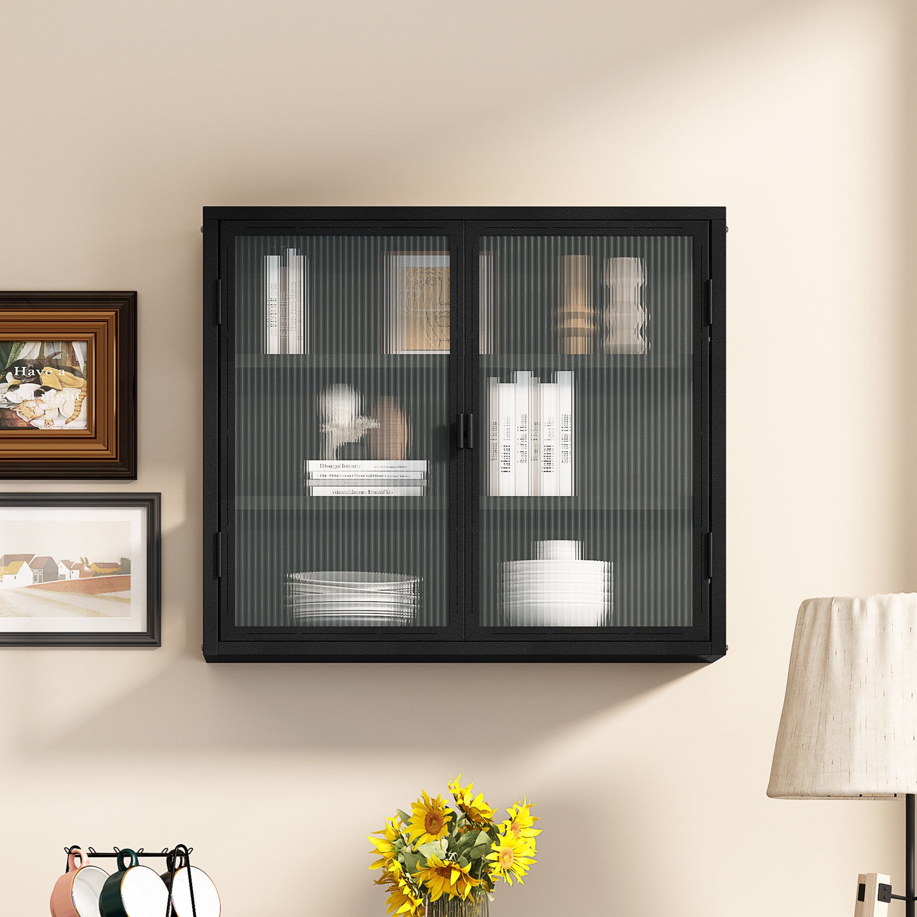 Wall Mounted Storage Cabinet with 2 Glass Doors, Modern Minimalist ...