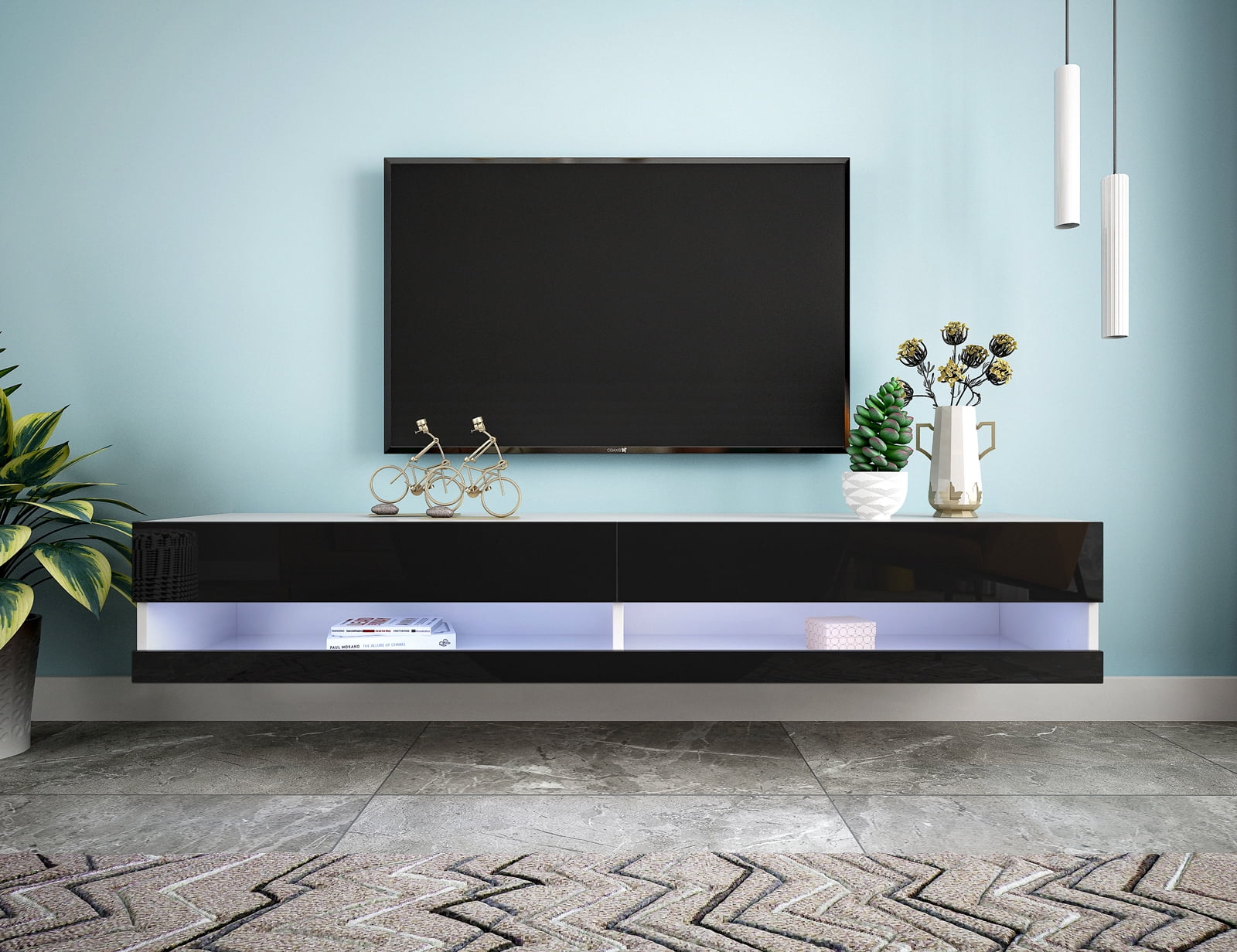 Wall Mounted TV Stand for 70" TV, TV Table with LED Lights, Hanging TV ...