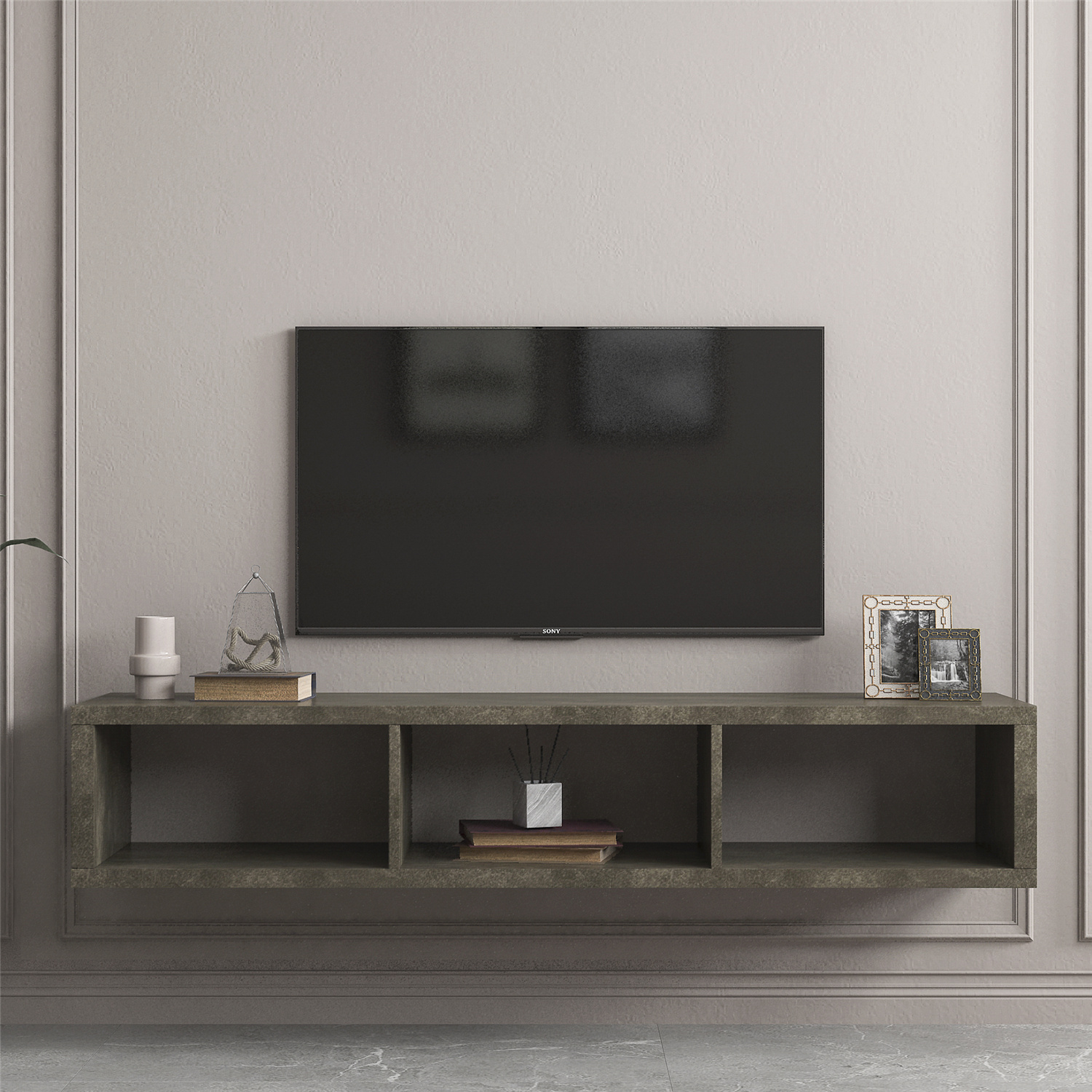 Wall-Mounted TV Stand, Floating Media Console with 3 Compartments ...