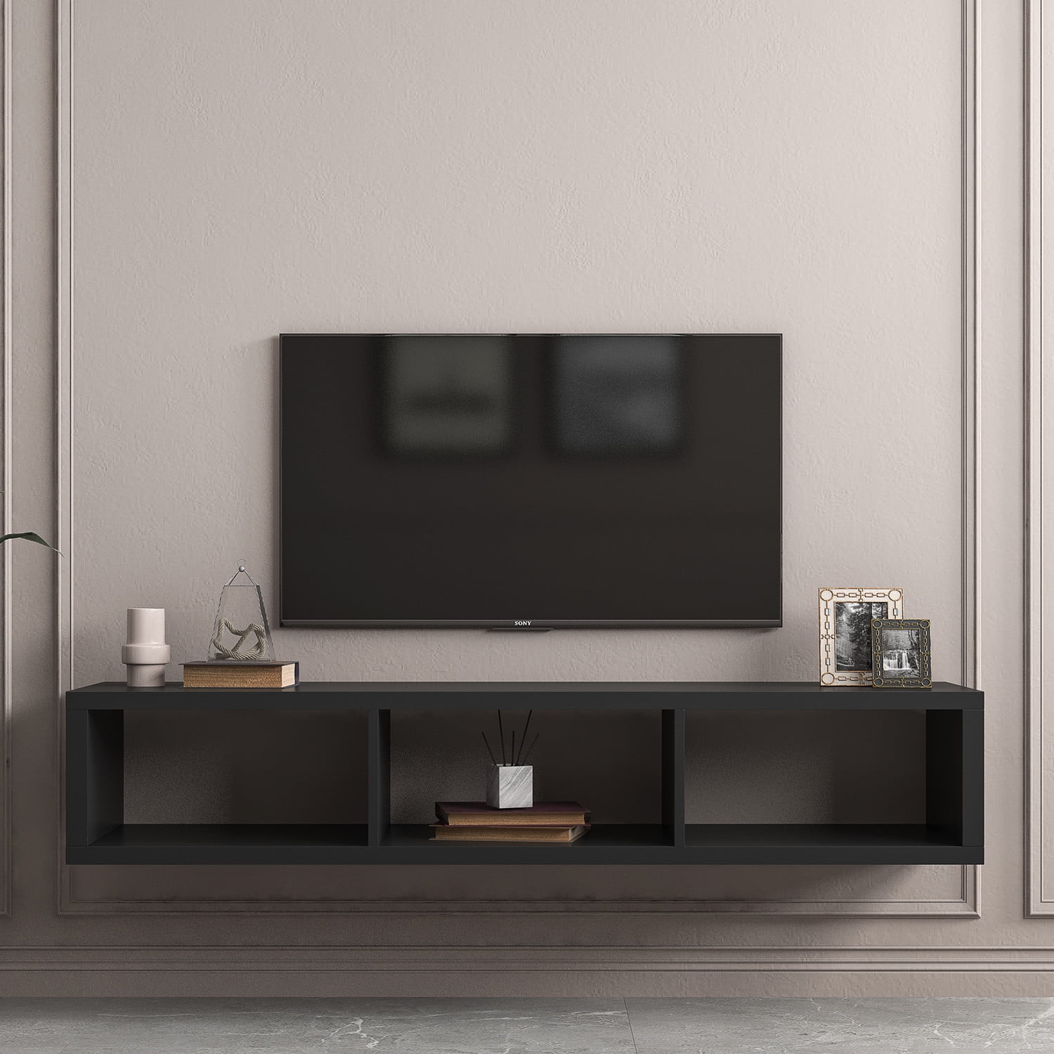 Wall-Mounted TV Stand, Floating Media Console with 3 Compartments ...