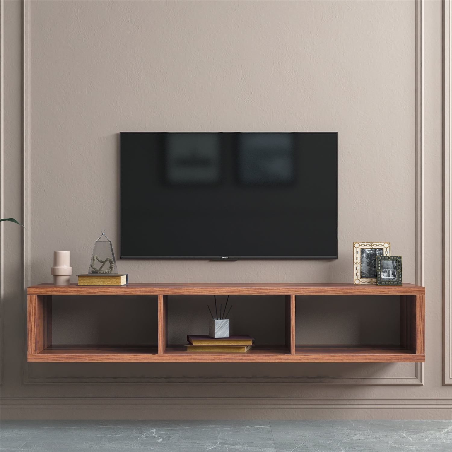 Wall-Mounted TV Stand, Floating Media Console with 3 Compartments ...