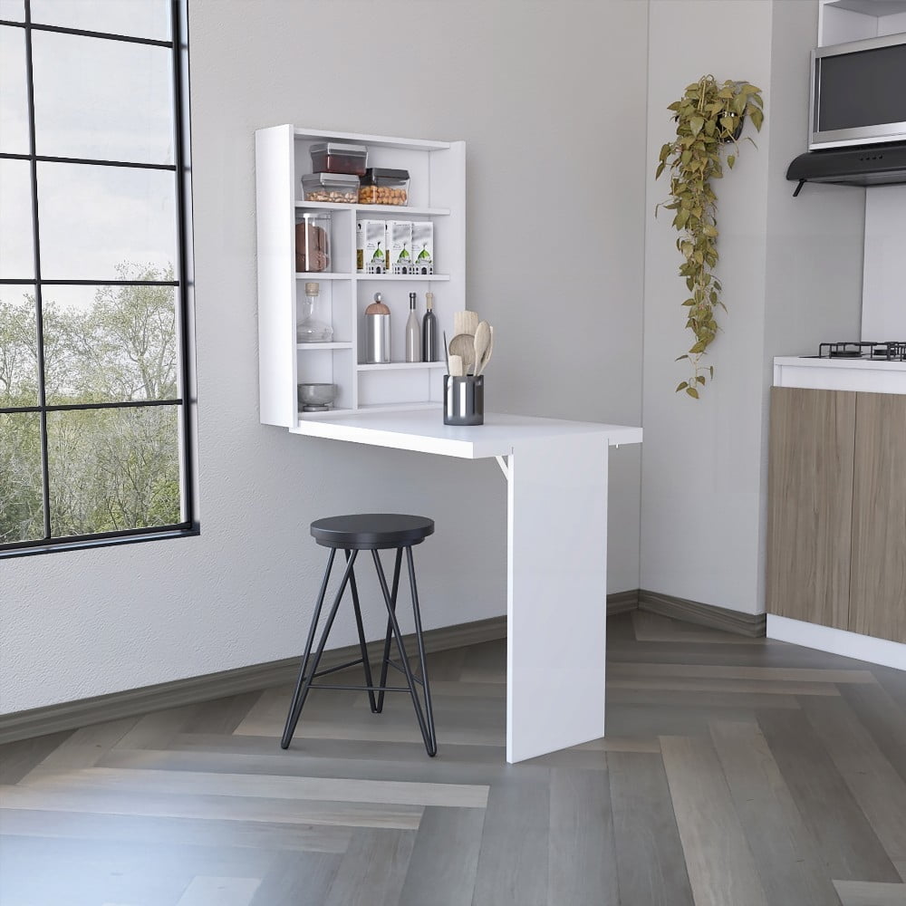 Wall-Mounted Table with Hutch and Seven Different Size Shelves, White ...