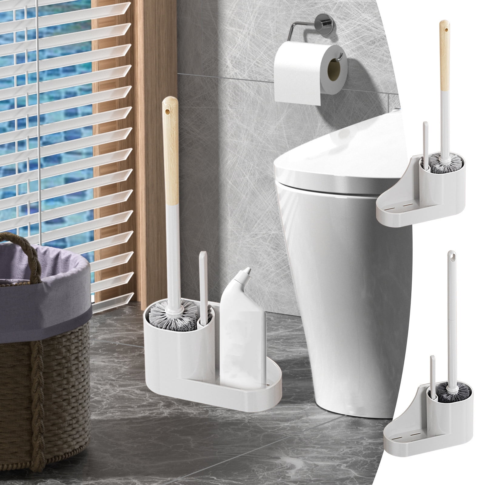 Wall Mounted Toilet Brush with Base, Long Handled Soft Bristle Scrubber ...