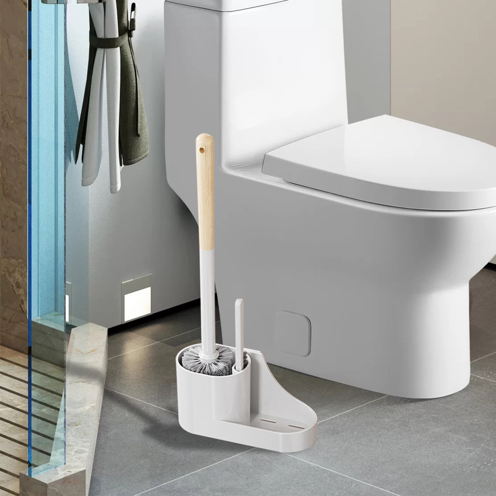 Wall Mounted Toilet Brush with Base, Long Handled Soft Bristle Scrubber ...