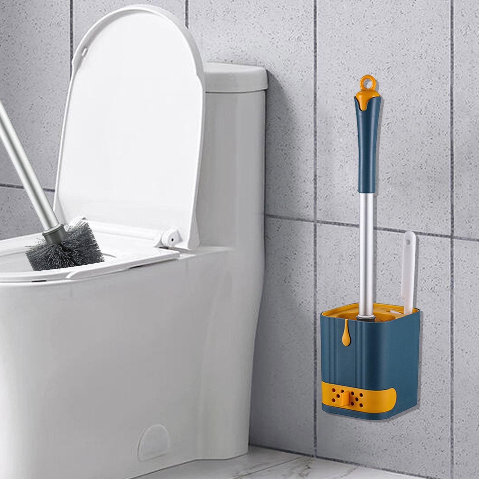 Wall Mounted Toilet Brush with Holder - White & Blue Plastic Long ...