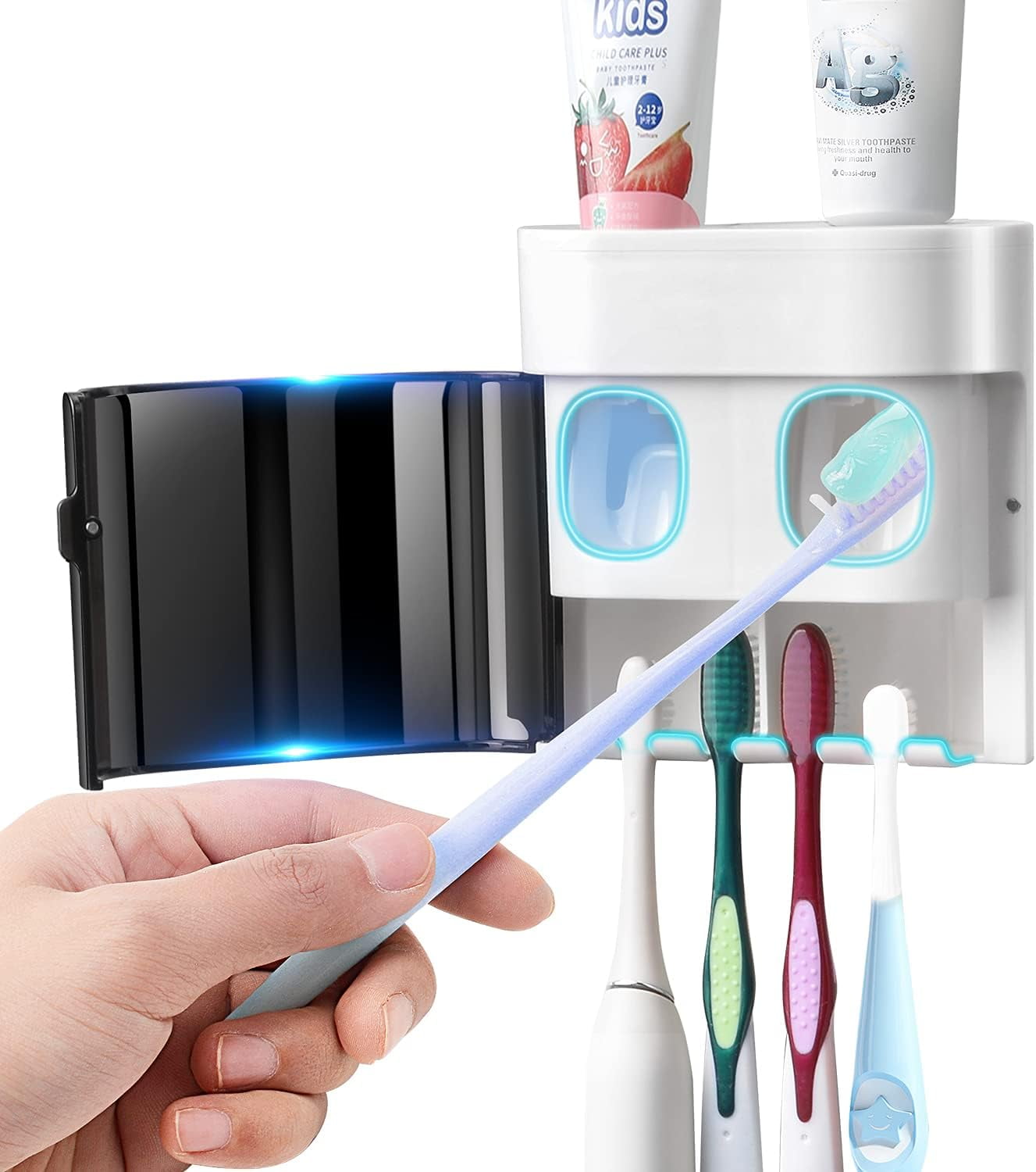 Wall Mounted Toothbrush Holder Toothpaste Dispenser with Cover, 4 Slot ...