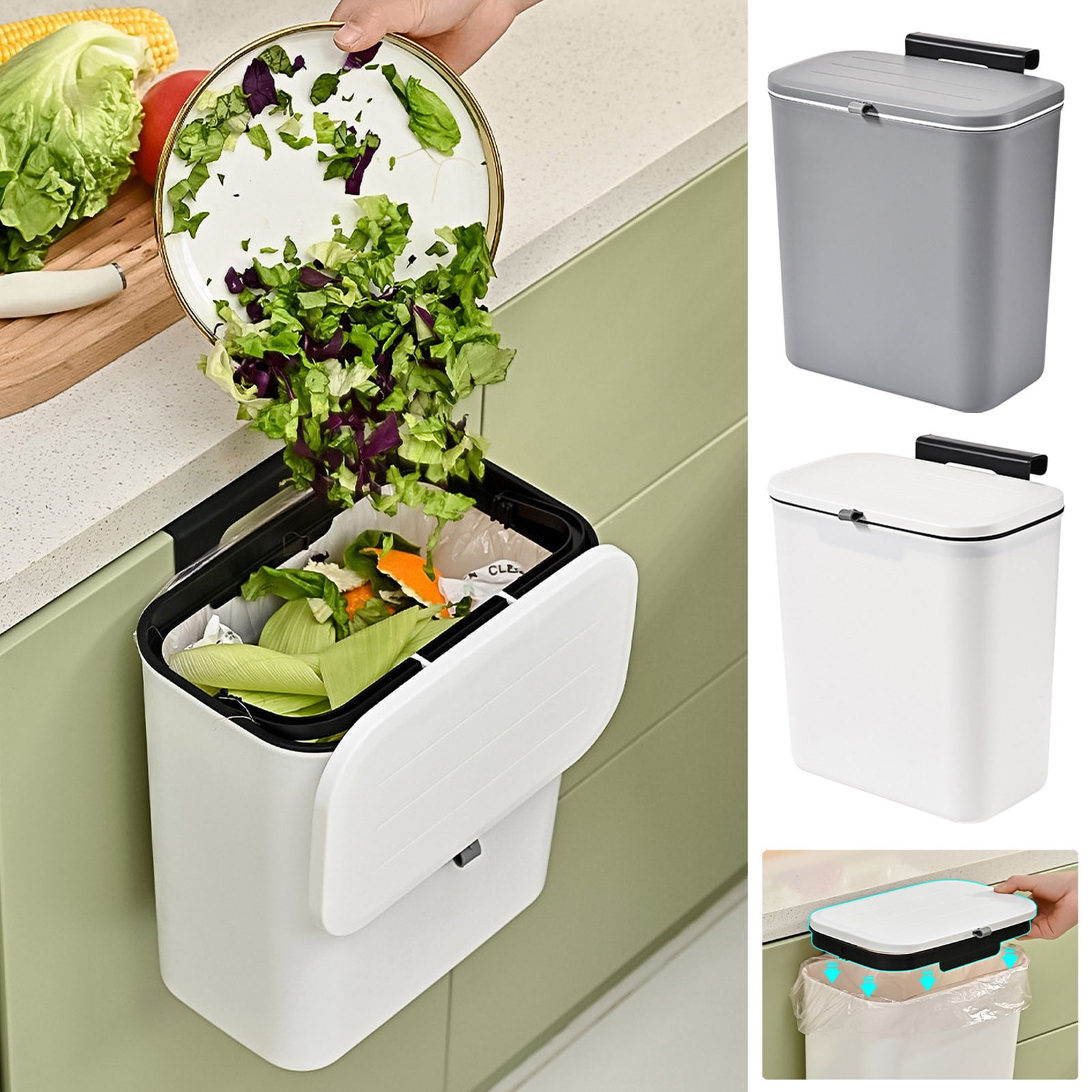 Wall Mounted Trash Can with Lid, Large Hanging Plastic Kitchen Bin ...