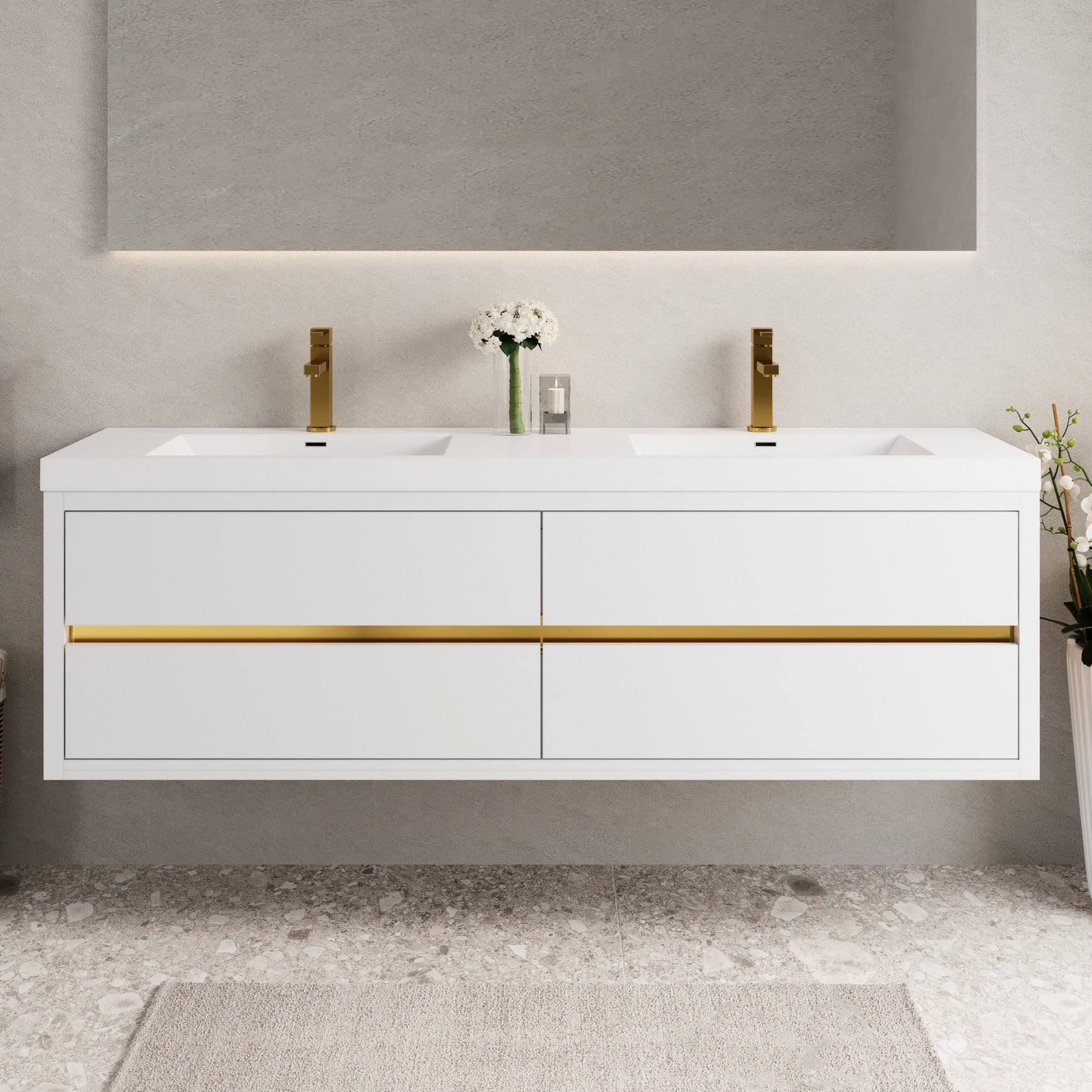 Wall-Mounted Vanity - Double Sinks with U-Shape Drain - Bathroom Use ...