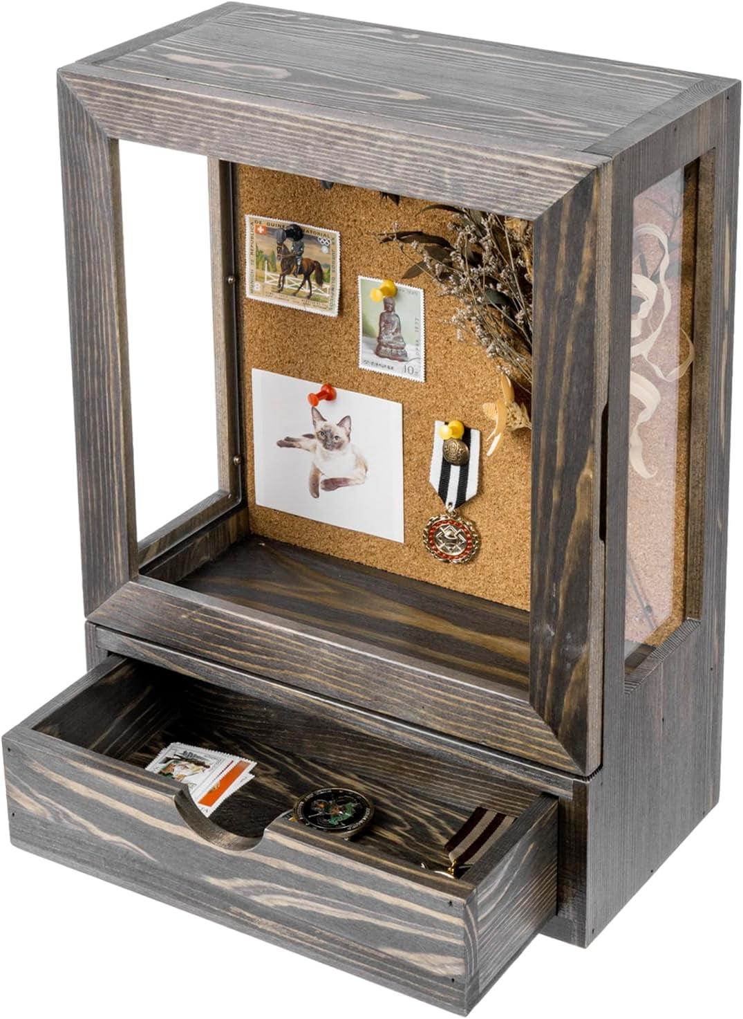 Wall Mounted Vintage Gray Solid Wood Shadow Box with Cork Back, Premium ...