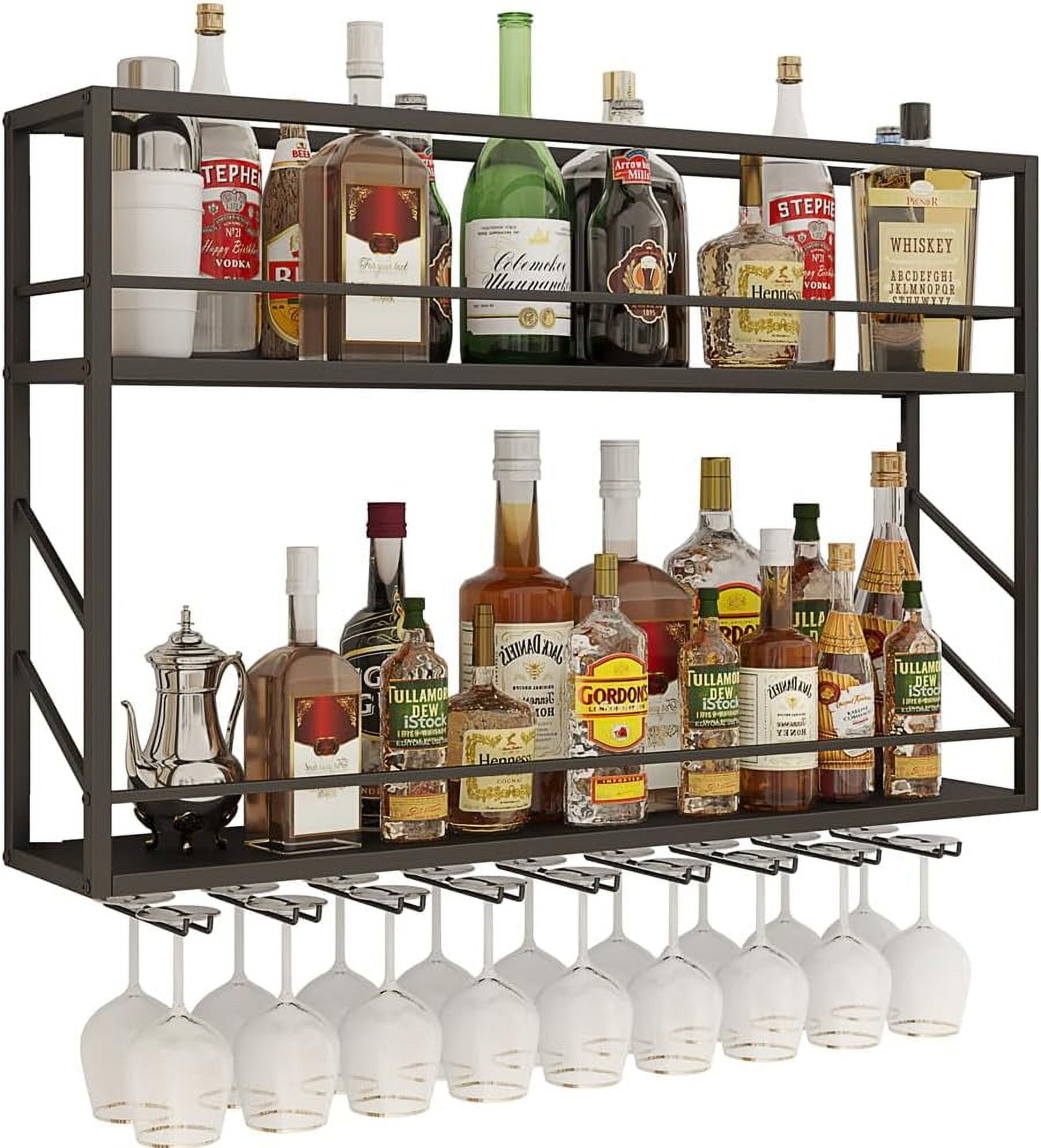 Wall Mounted Wine Rack 2 Tier, Metal Bar Liquor Shelves and Glass ...
