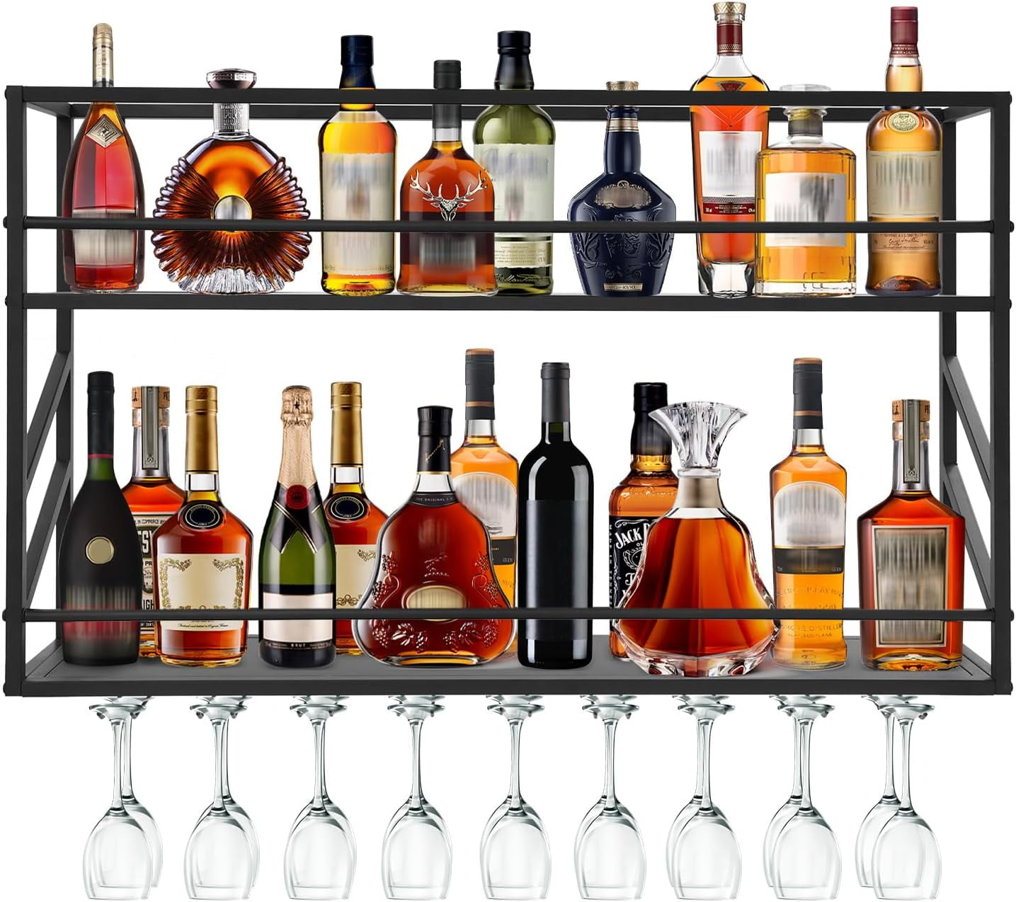 Wall Mounted Wine Rack, 2 Tier Wall Wine Rack with Glass Holder Double ...