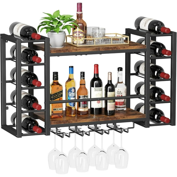 Wall Mounted Wine Rack, Bottle & Glass Holder Wood-Metal Retro Wine ...