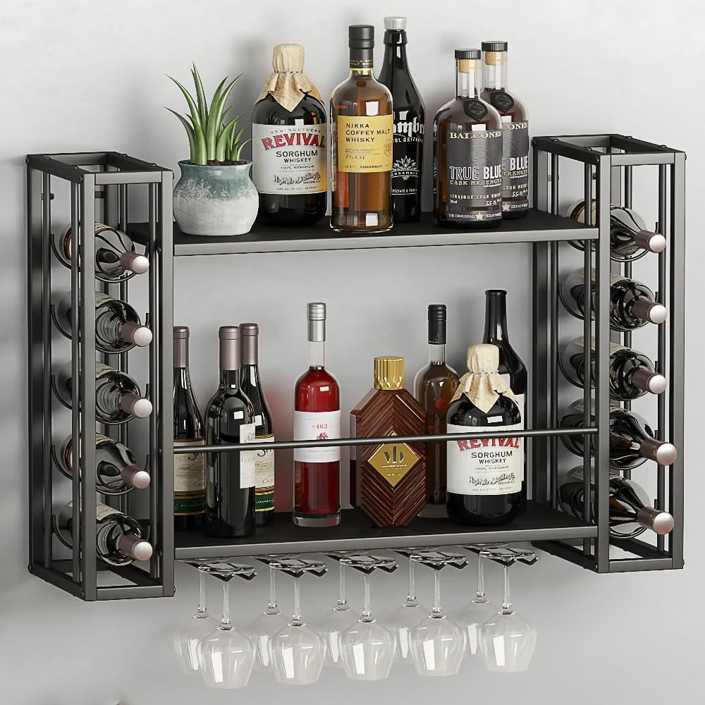 Wall Mounted Wine Rack, Wine Rack Wall Mounted with Wine Glass Rack, 2 ...
