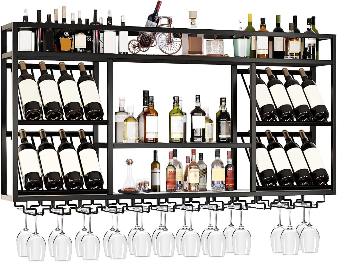 Wall Mounted Wine Racks with Glass Holder, 3 Tier Wine Storage Display ...