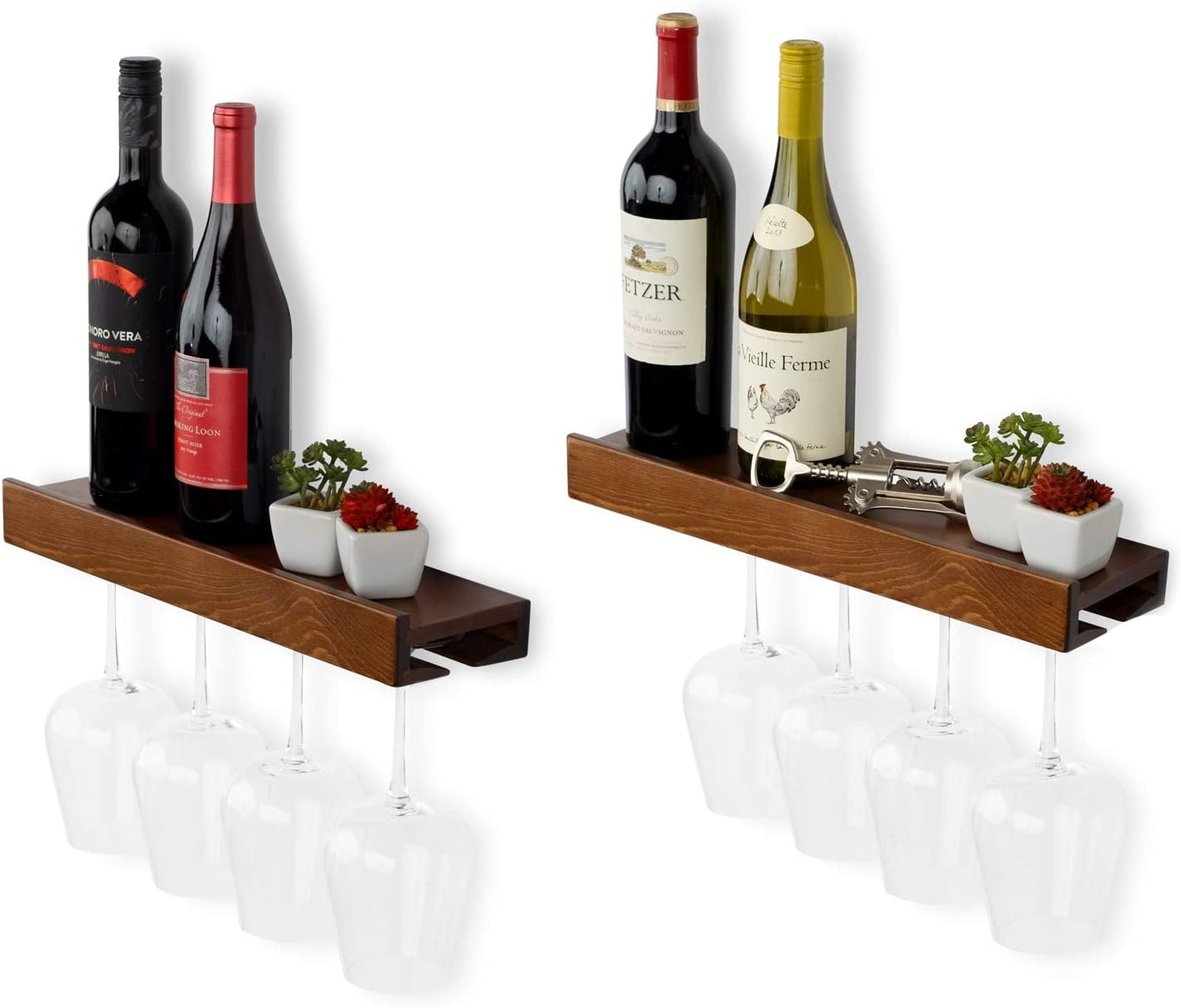 Wall Mounted Wood Floating Wine Bottle Rack with Glassware Holder ...