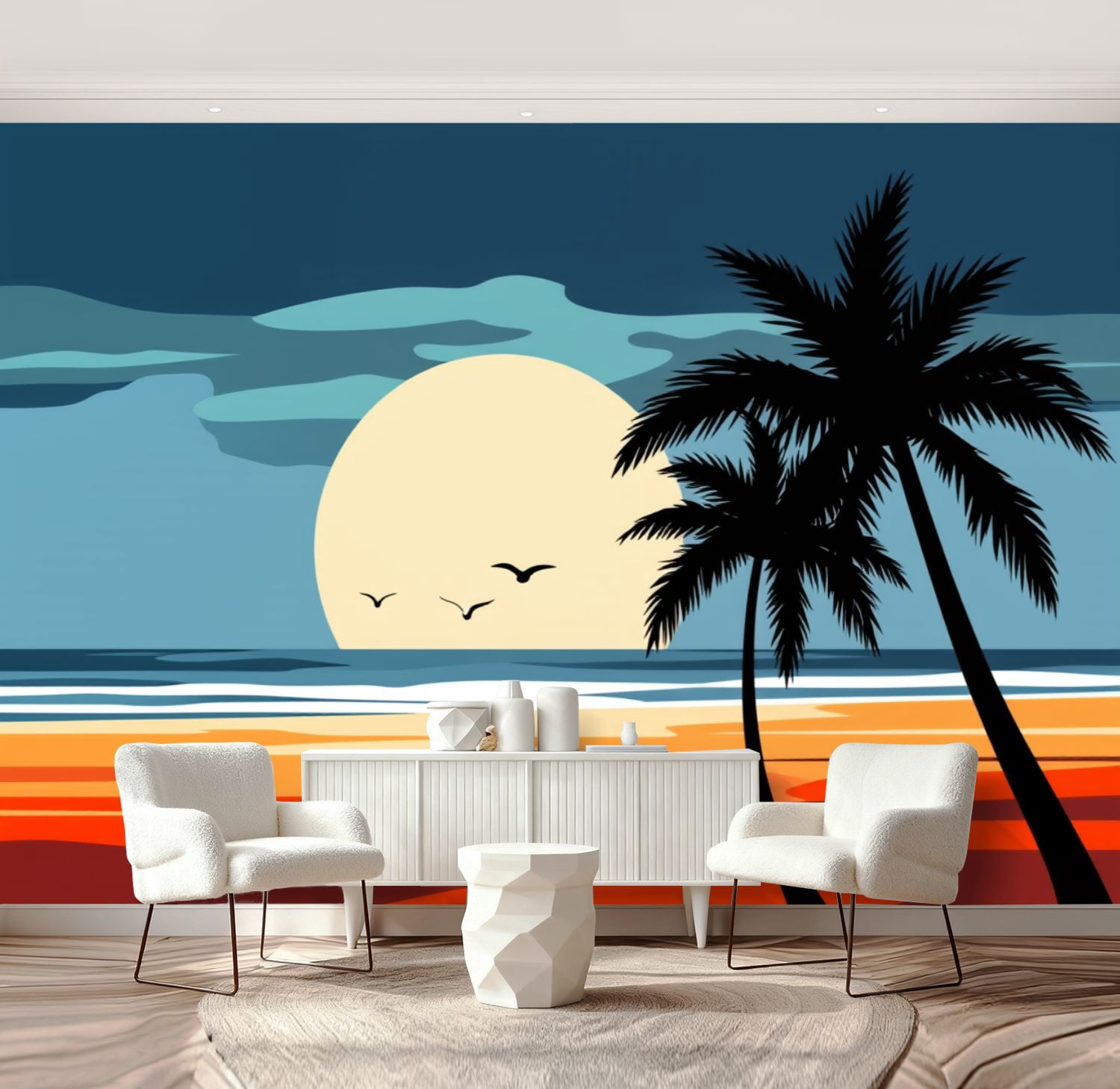 Wall Mural Peel and Stick Sunset Beach Scene Silhouetted Palm Trees ...