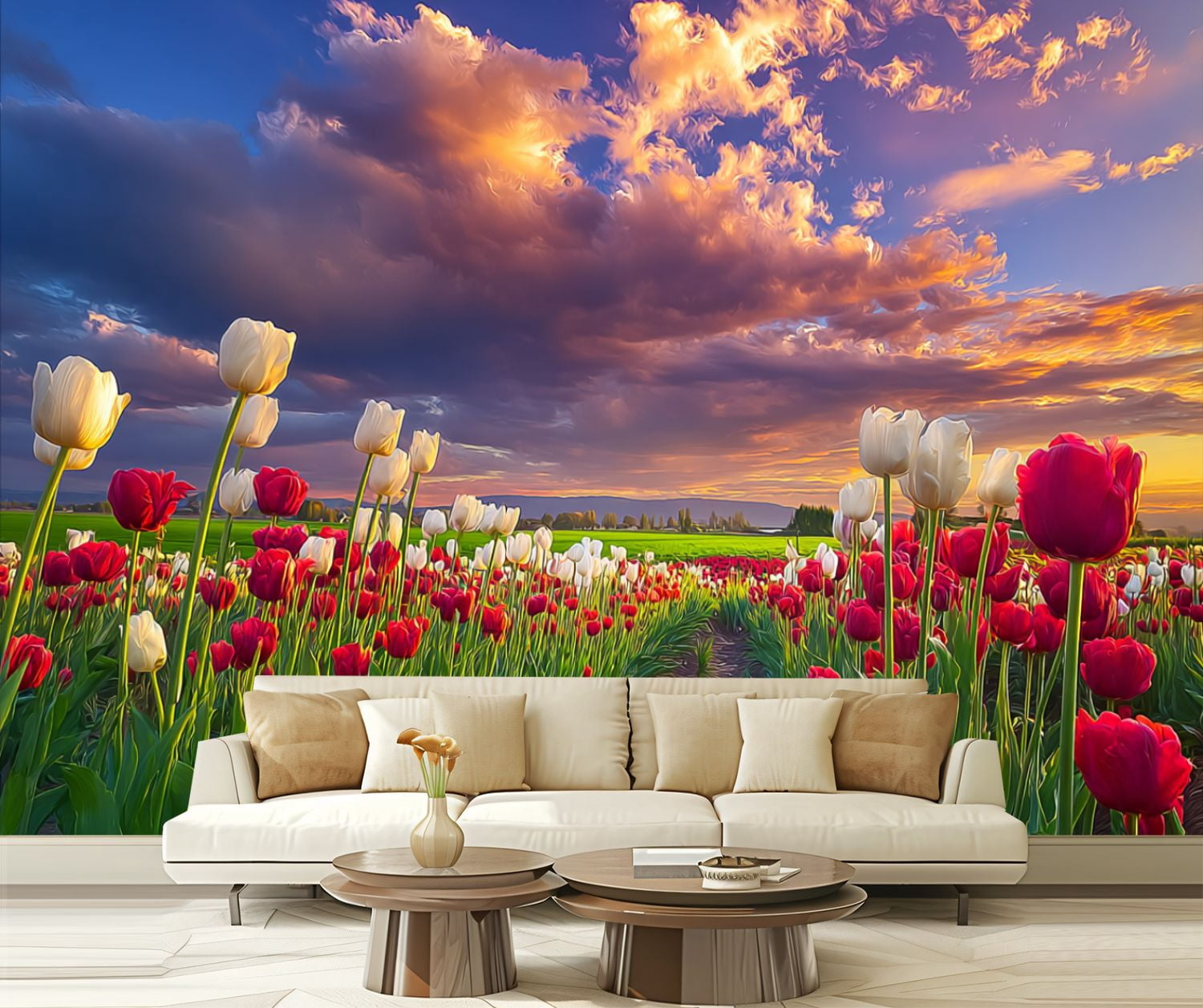 Wall Mural Peel and Stick Vibrant Tulip Field White Red Flowers Under ...