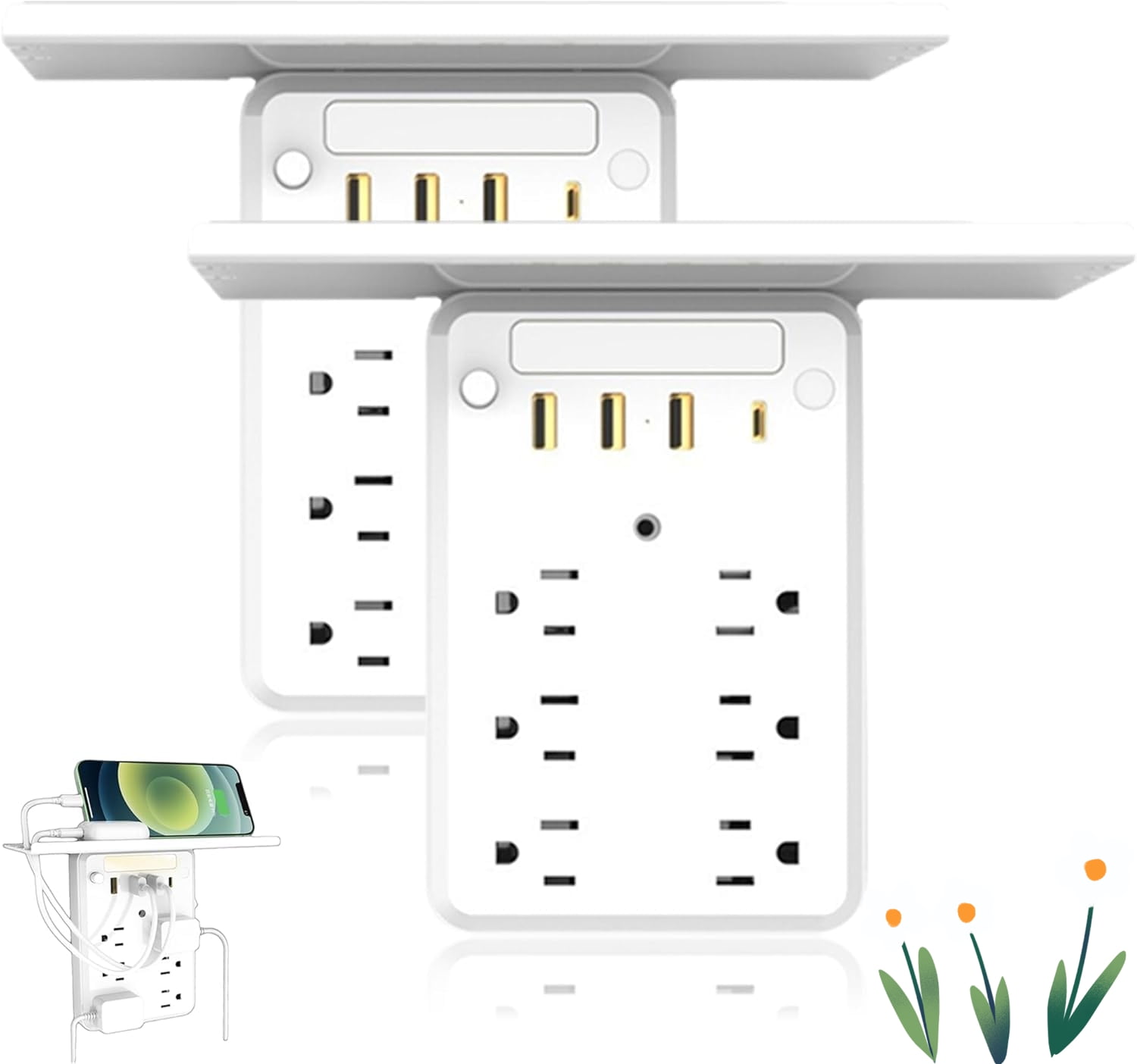 Wall Outlet Extender with Shelf Night Light, Multi-Plug Outlet Flat ...
