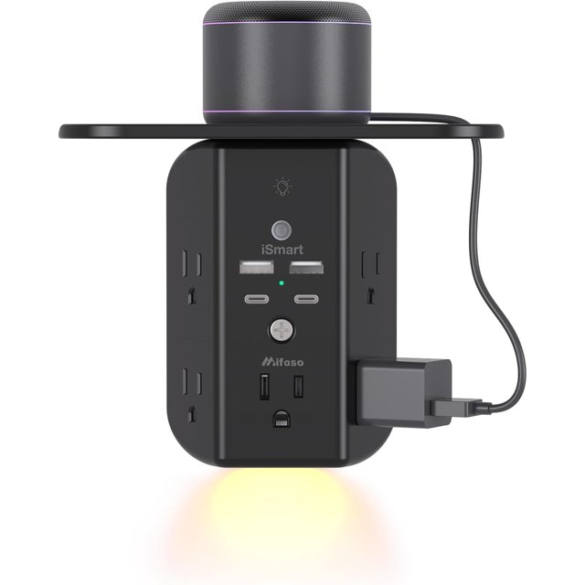 Wall Outlet Extender with Shelf and Night Light, Surge Protector, USB ...