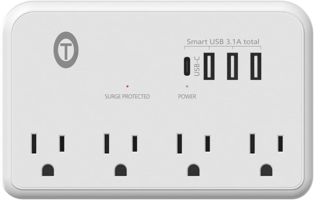 Wall Outlet Extender Surge Protector with 4 AC Outlets, 4 Ports(1 C ...