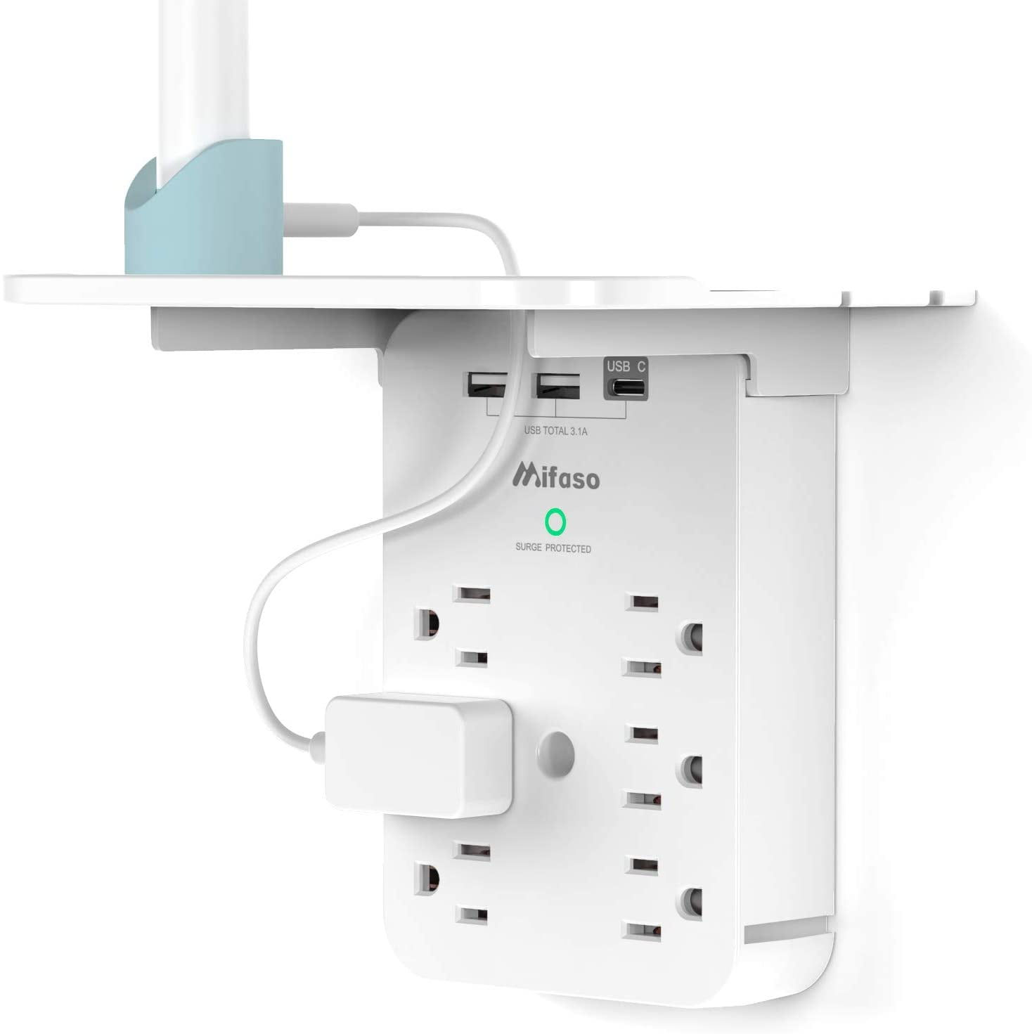 Wall Outlet Extender with Surge Protector, 6 AC Outlets, Shelf, 2 USB ...